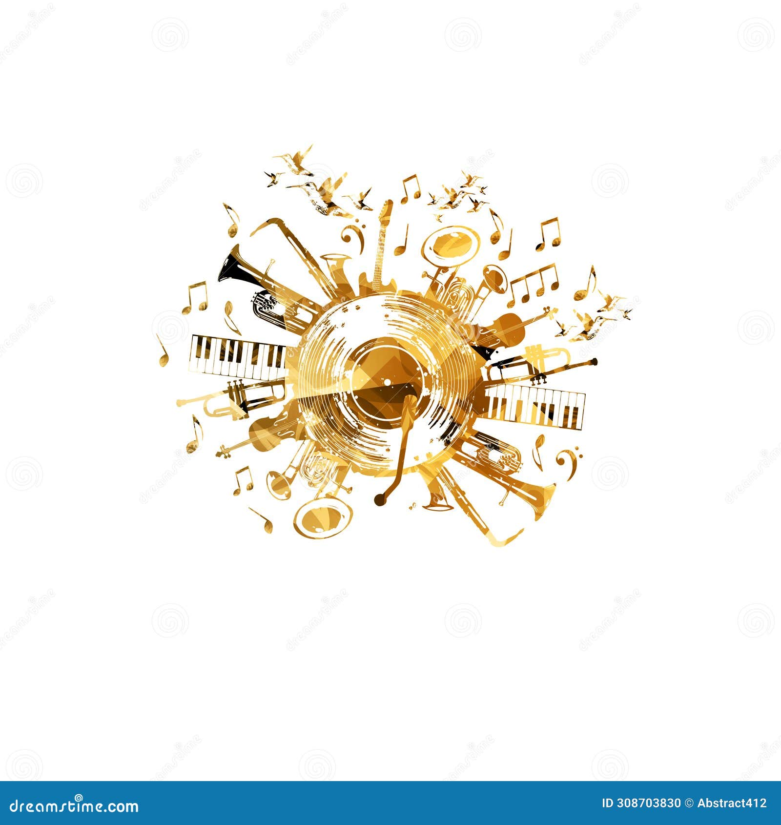 Music Background with Golden Music Instruments and Vinyl Record Disc ...