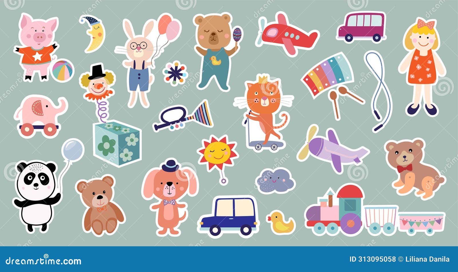 Childish Stickers Collection with Cute Animals and Toys Stock Vector ...