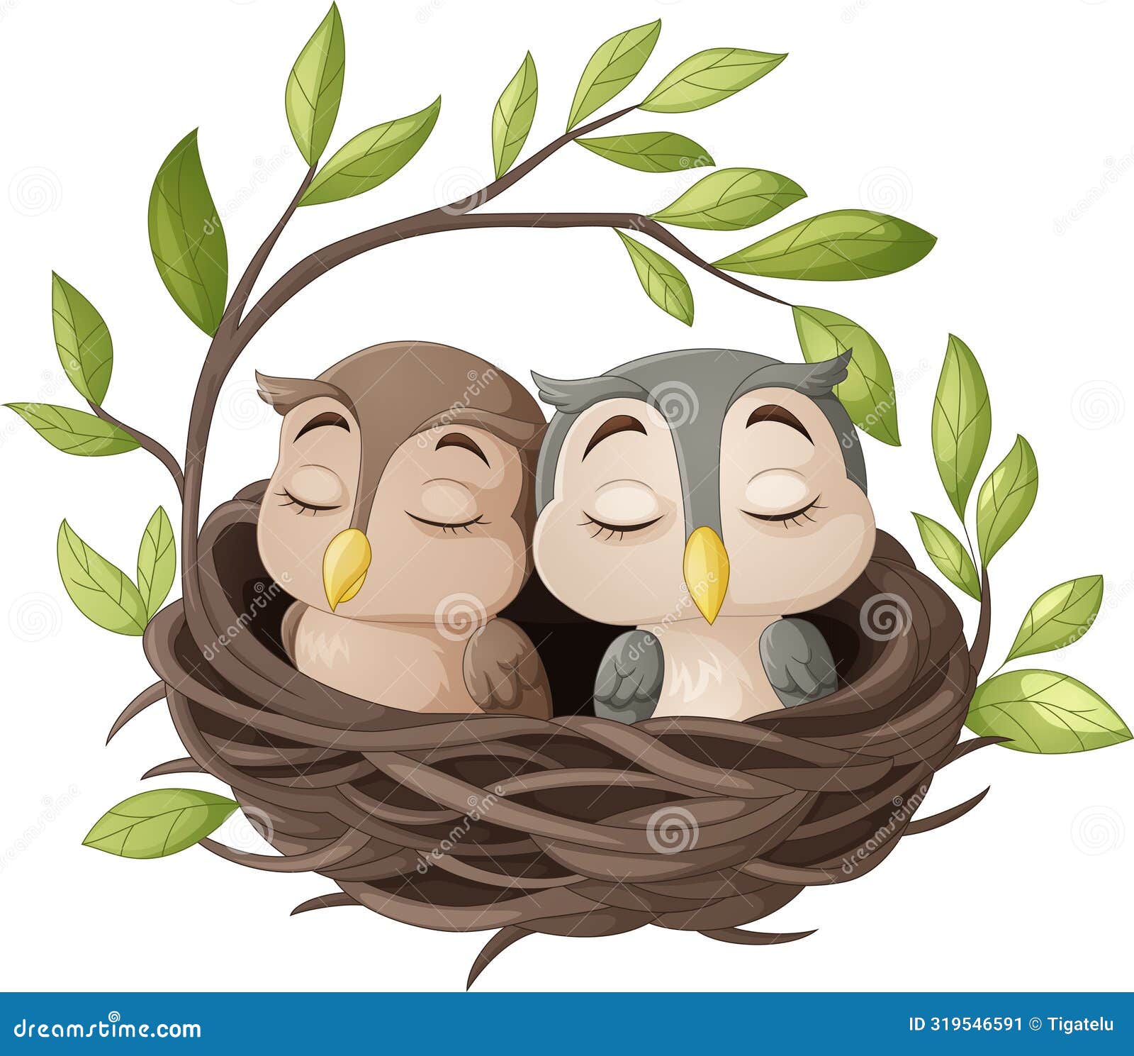Cartoon Baby Owl Bird Sleeping in the Nest Stock Illustration ...