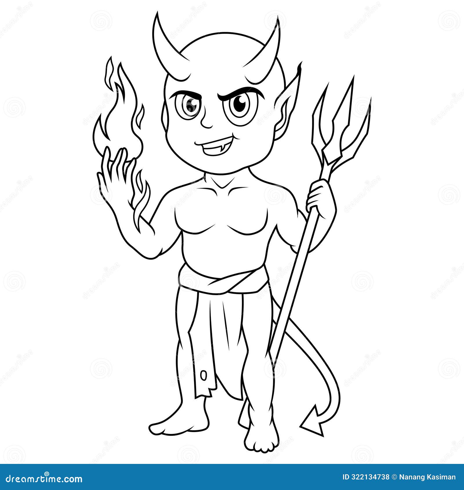 Scary Demon Cartoon Standing with Pitchforks and Fireballs Line Art ...
