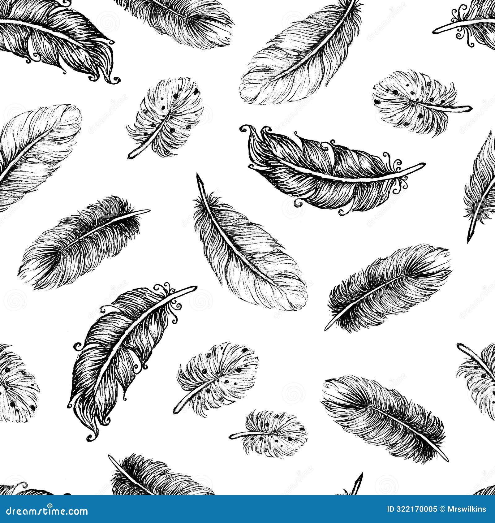 Beautiful Seamless Hand Drawn Feather Pattern Vector Stock Vector ...