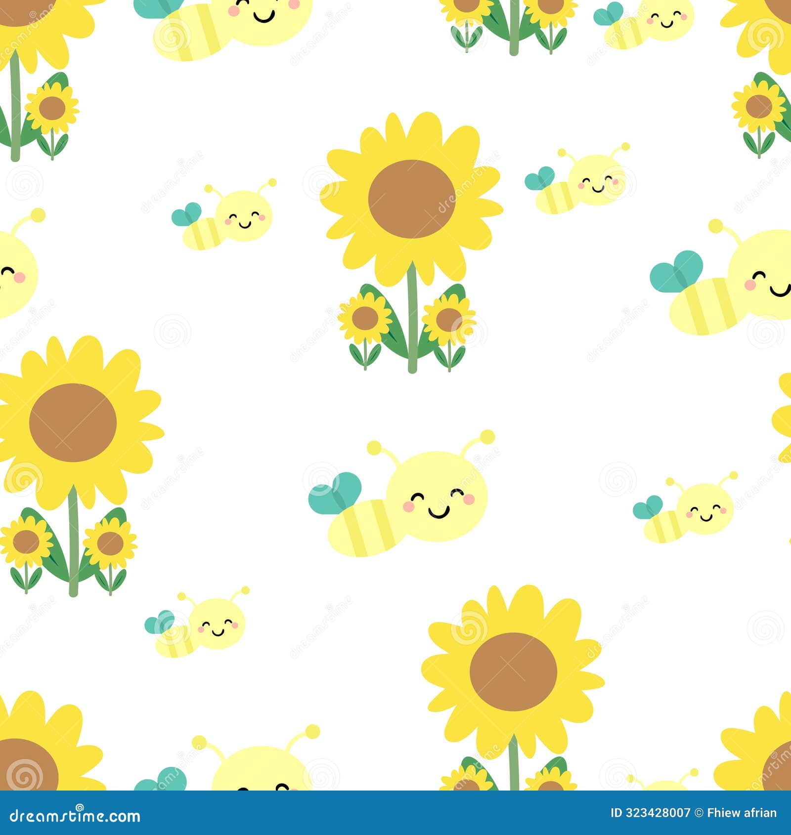 Seamless Pattern with Cartoon Sunflowers and Bees, for Fabric Prints ...