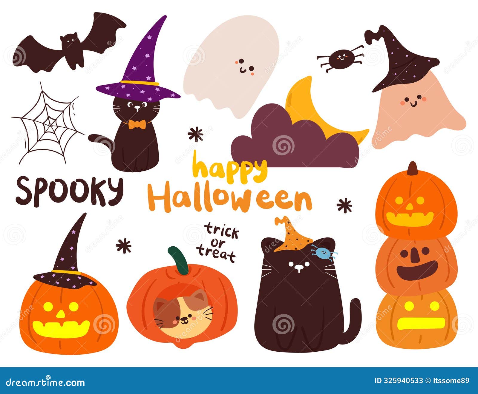 Hand Drawing Cartoon Halloween Sticker Set Stock Illustration ...