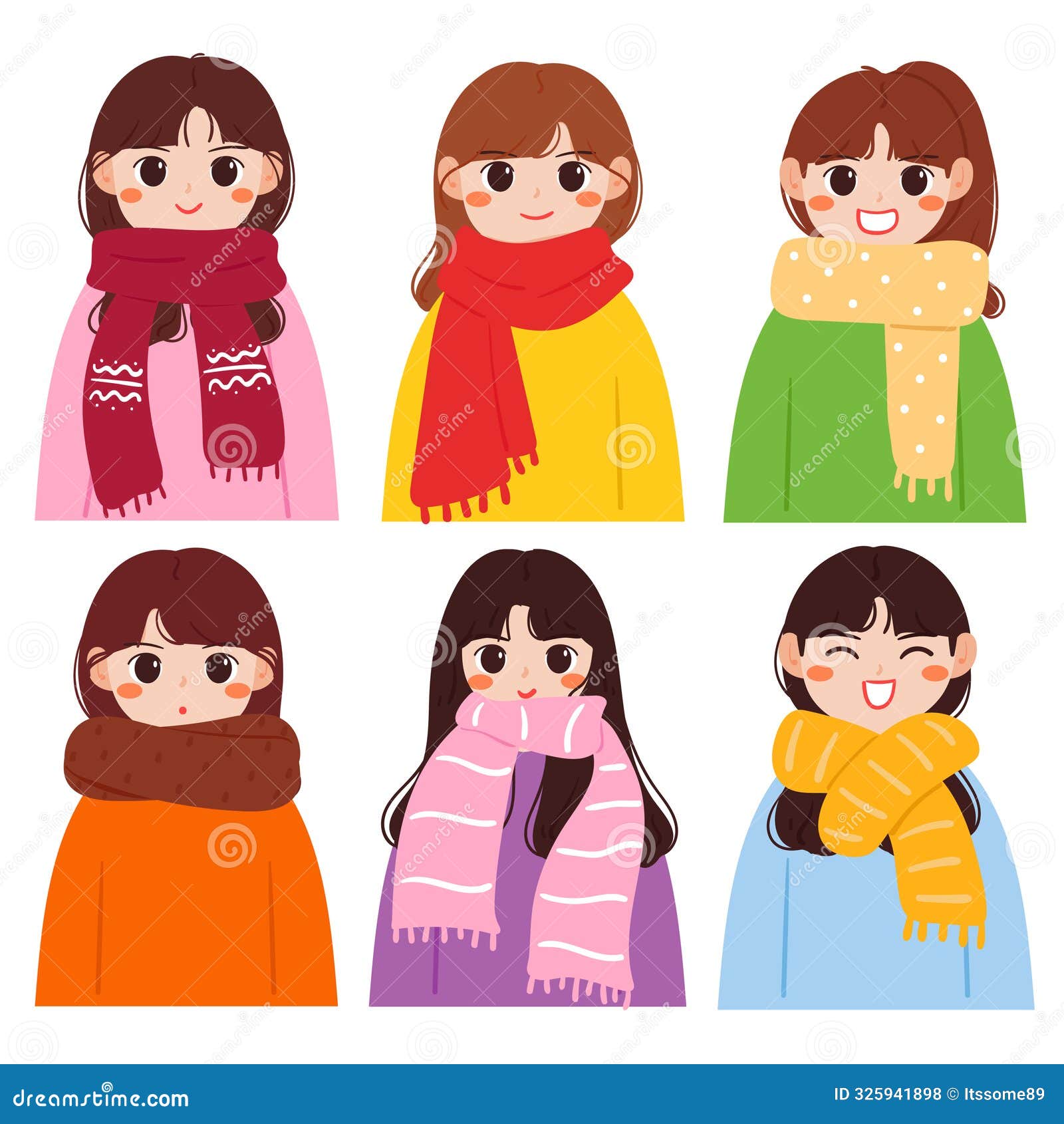 Hand Drawing Cartoon Girls Wearing Scarf Sticker Set Stock Illustration ...