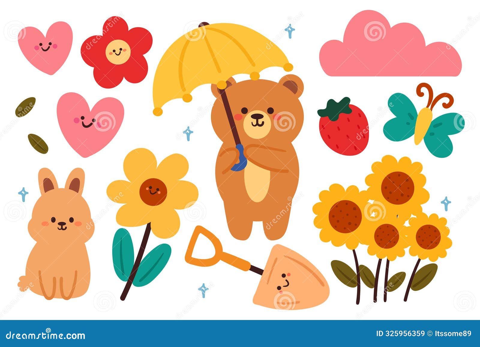 Hand Drawing Cartoon Spring Sticker Set Stock Vector - Illustration of ...