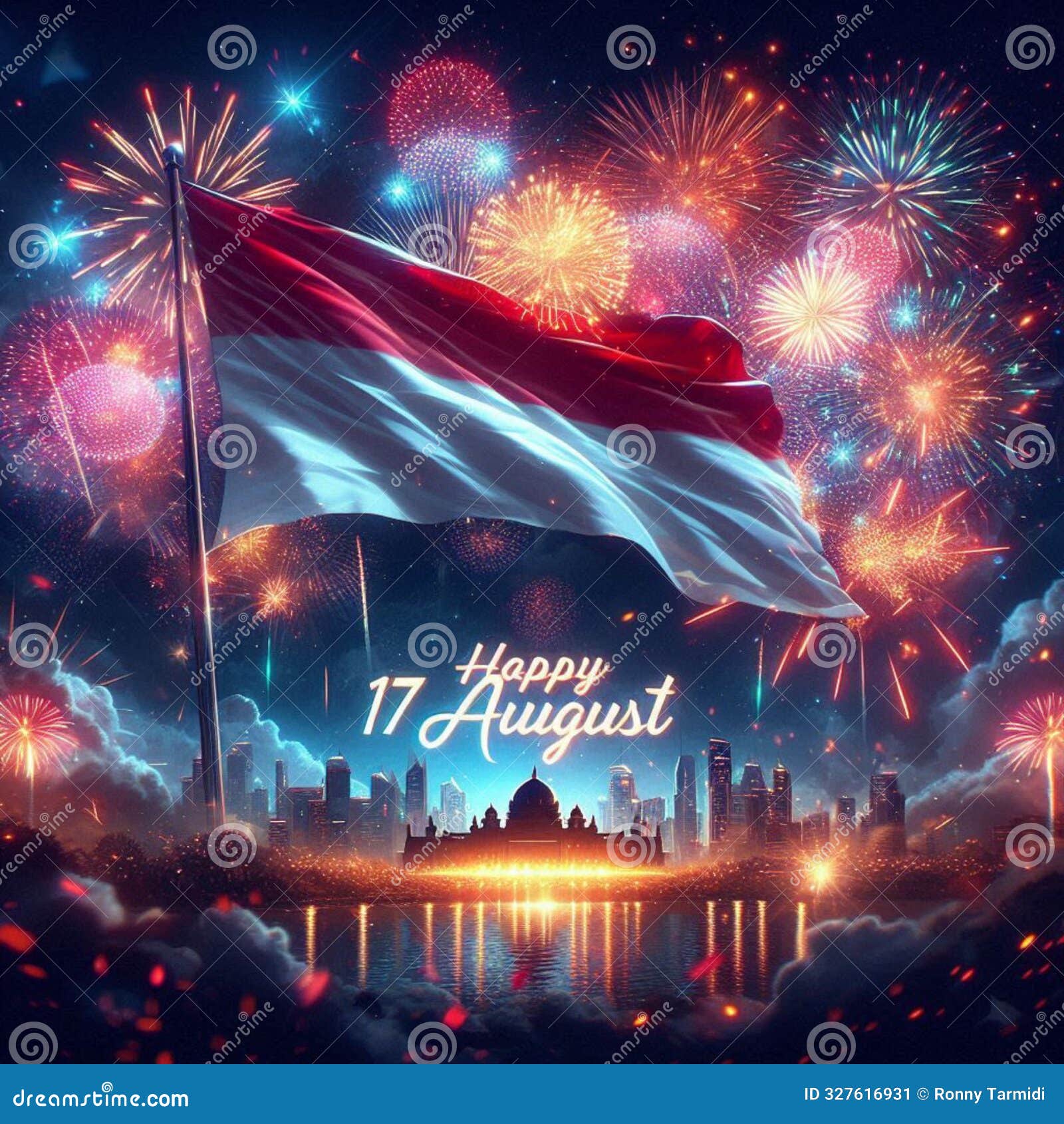 Indonesian Flag with Fireworks Background Dated August 17th Stock ...