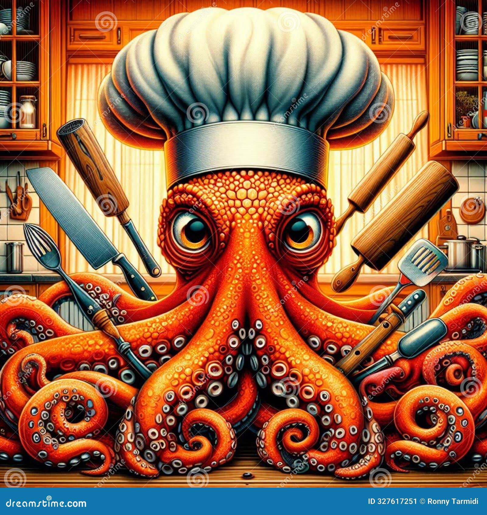 Illustrator Image of Octopus Chef Character Holding Cooking Utensils ...