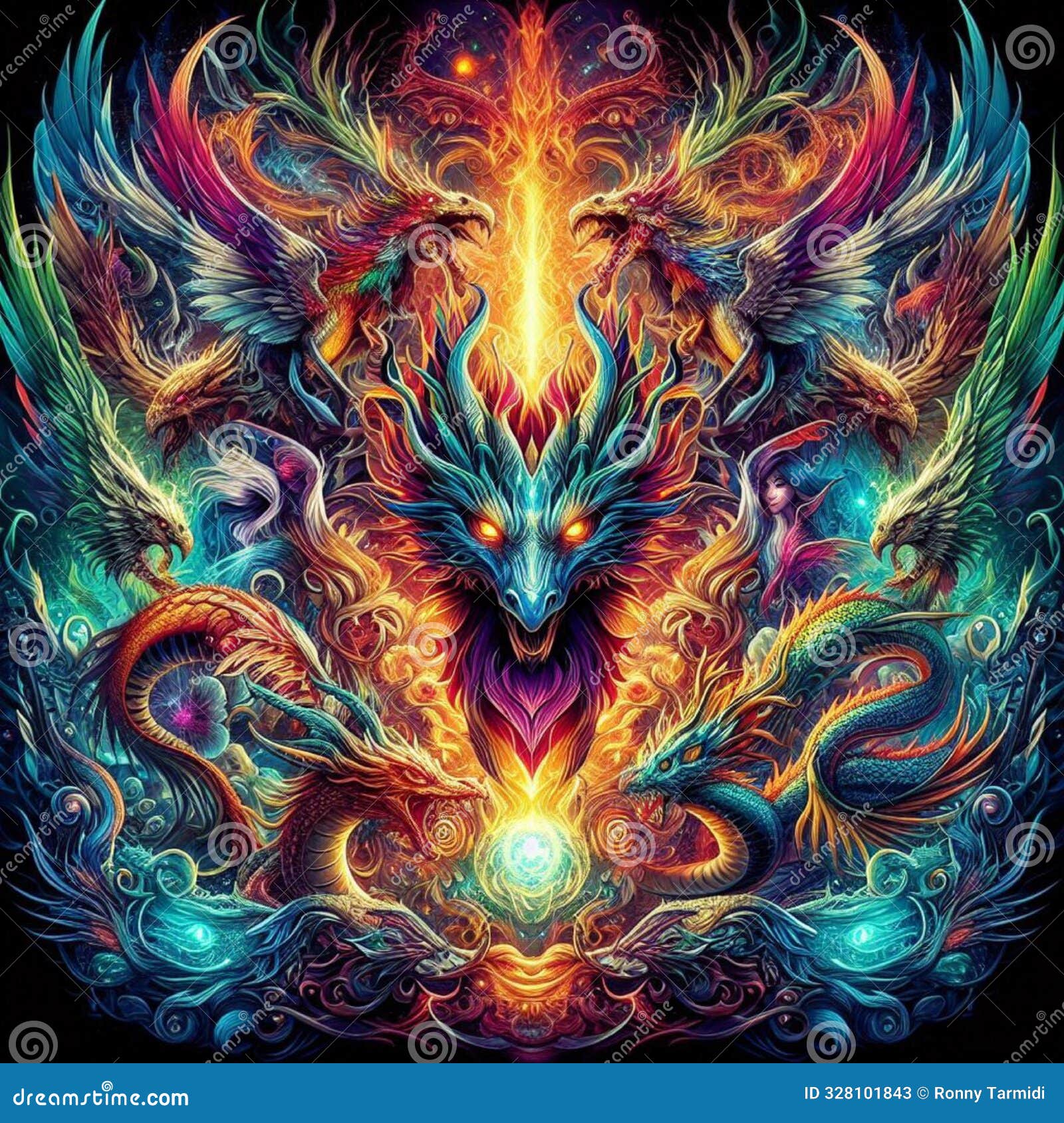 Colorful Dragon with Blue Head and Phoenix Stock Illustration ...