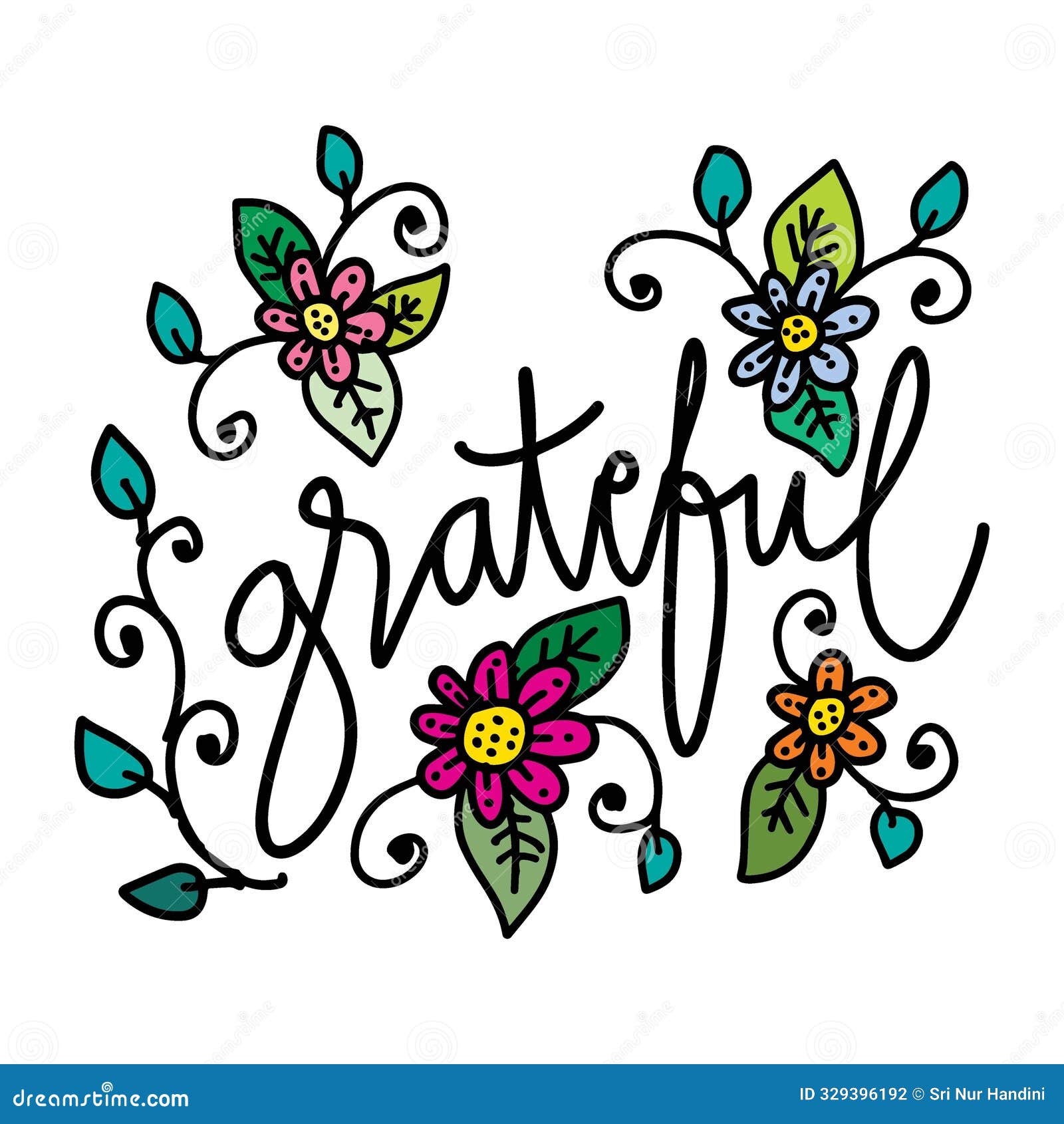 Grateful Hand Drawn Lettering with Flowers and Leaves. Stock Vector ...