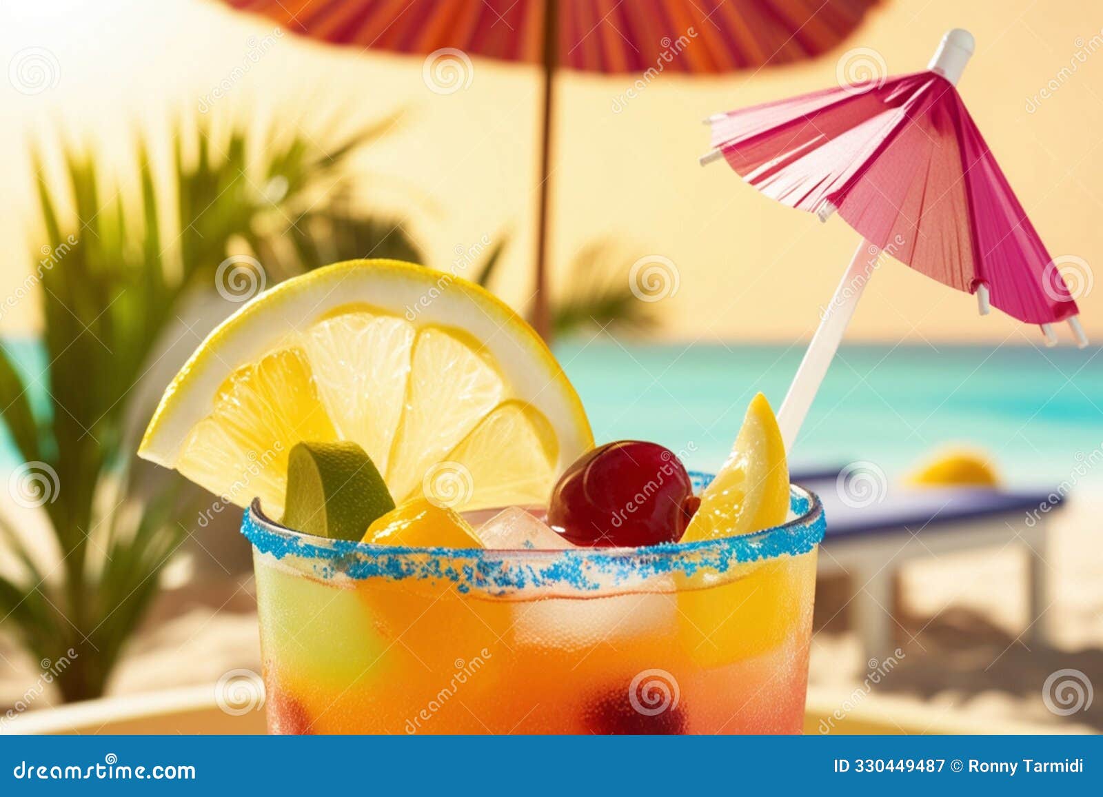 Glass of Orange Juice with Lime Slice and Light Blue Rim with Beach ...