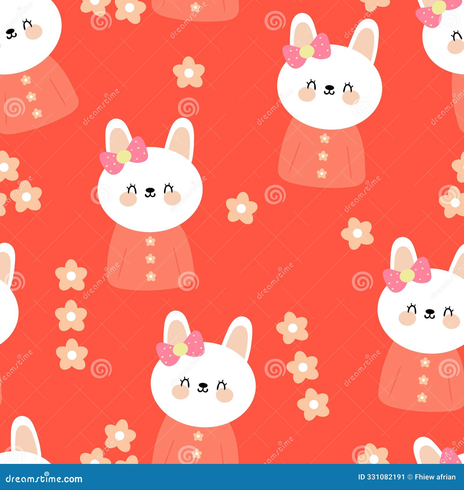 Seamless Pattern with Cute Cartoon White Rabbits Wearing Ribbons Stock ...