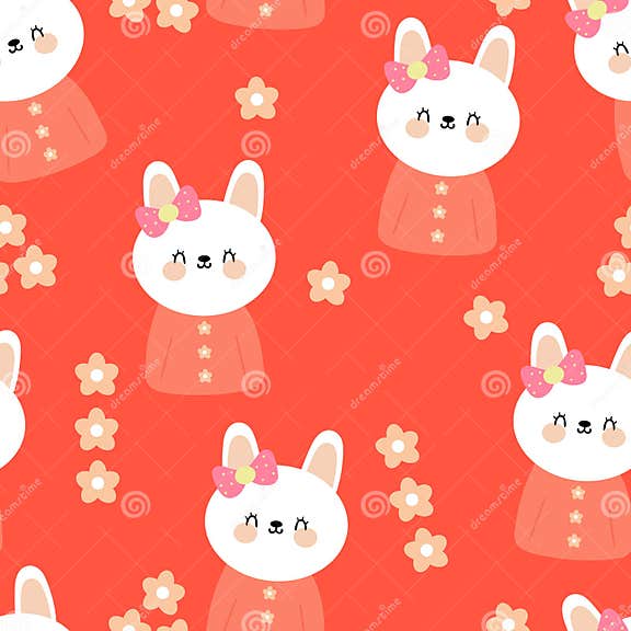 Seamless Pattern with Cute Cartoon White Rabbits Wearing Ribbons Stock ...