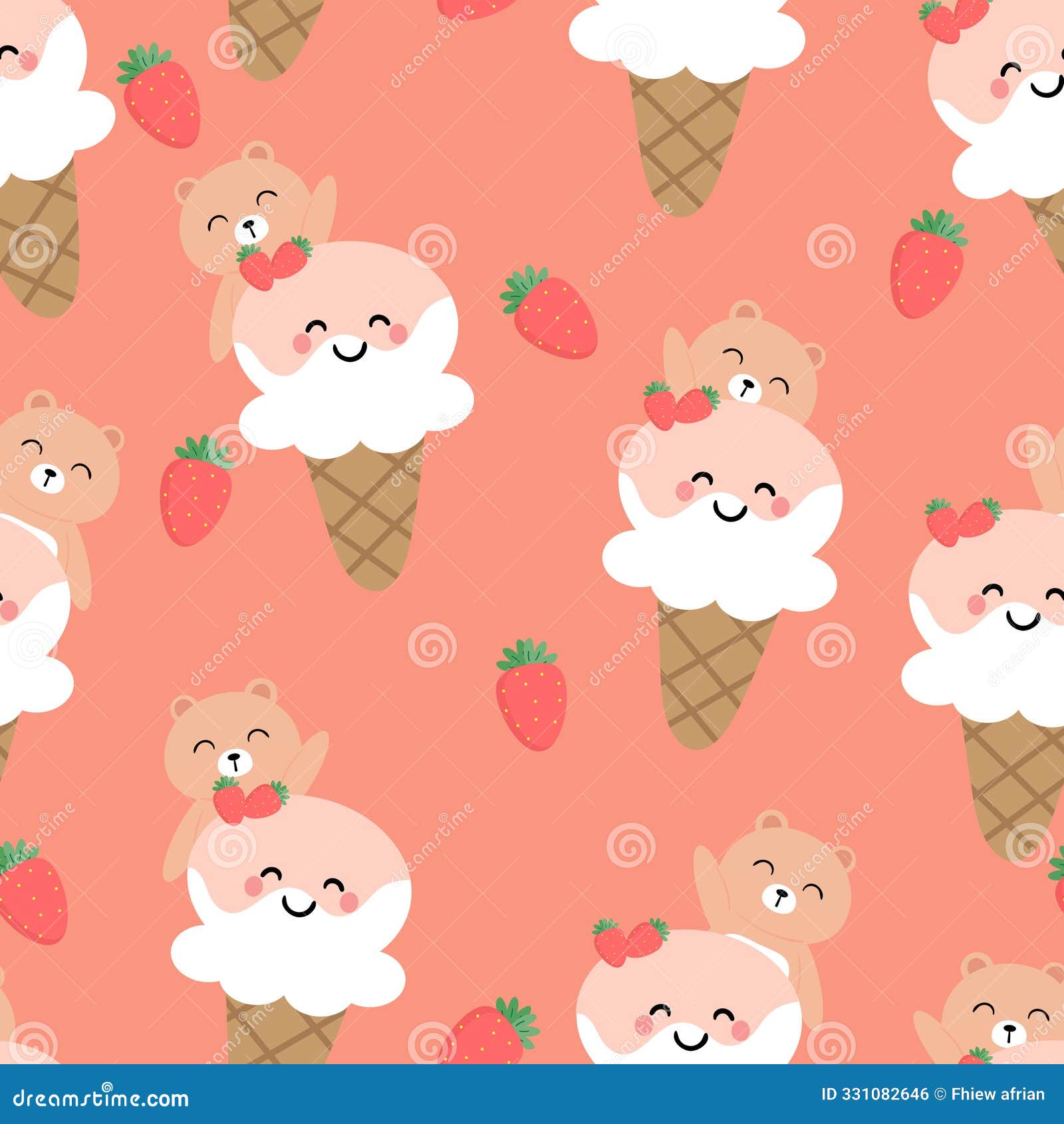 Seamless Pattern with Cute Cartoon Bears and Strawberry Ice Cream, for ...