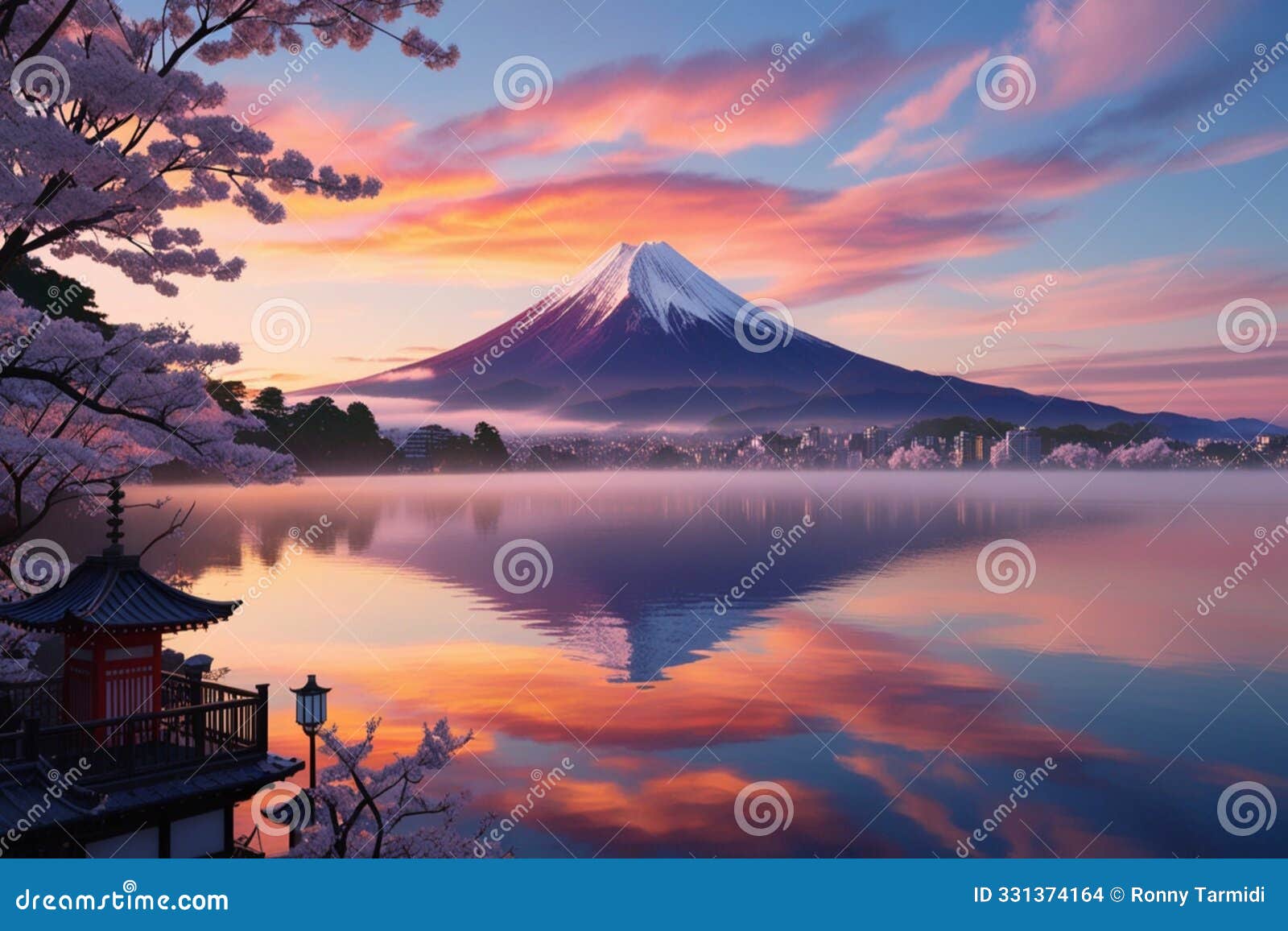Mount Fuji Design with a Mirror Effect on the Sea Stock Illustration ...