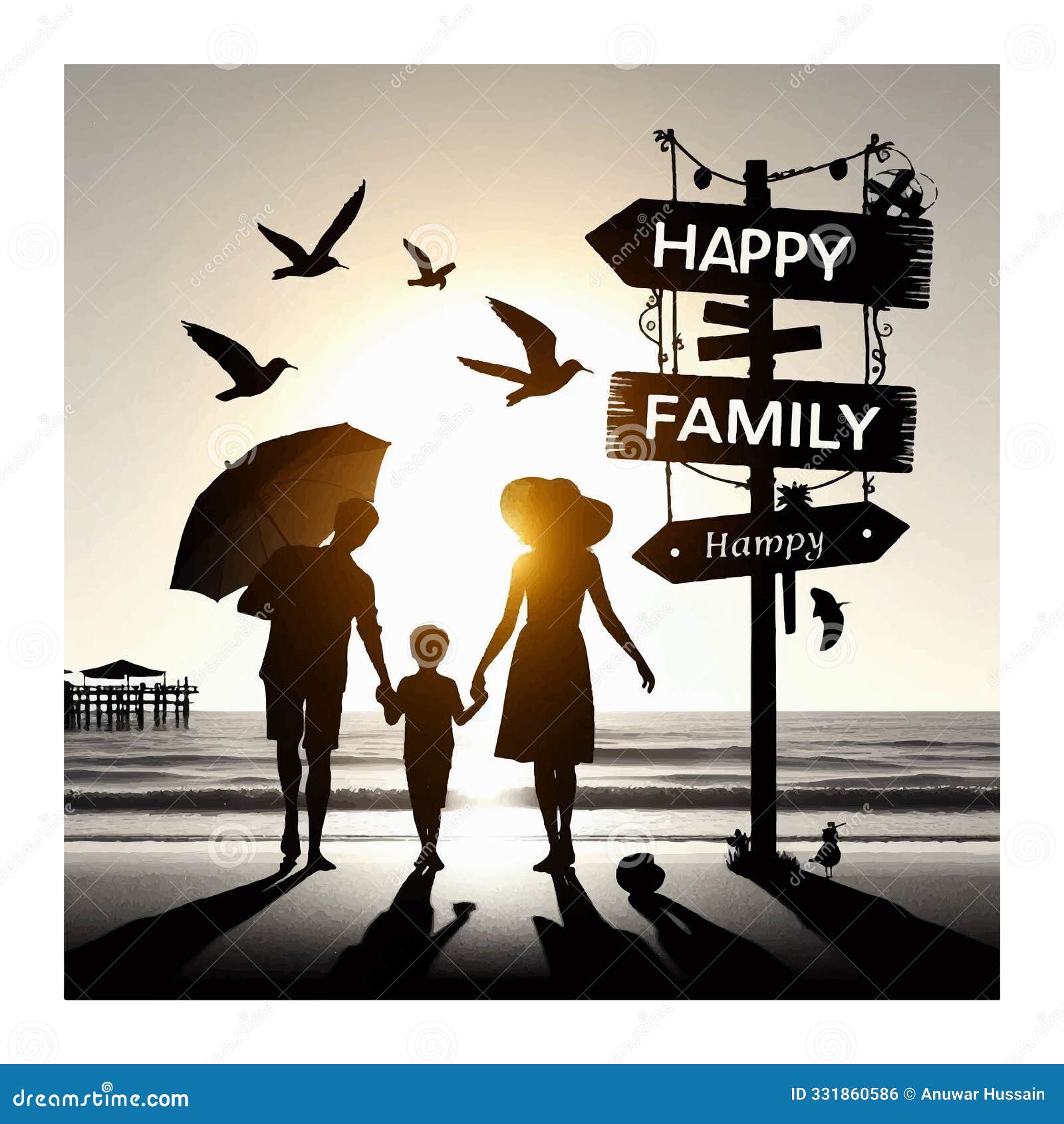 Happy Family Sign on the Beach Silhouette Stock Vector - Illustration ...