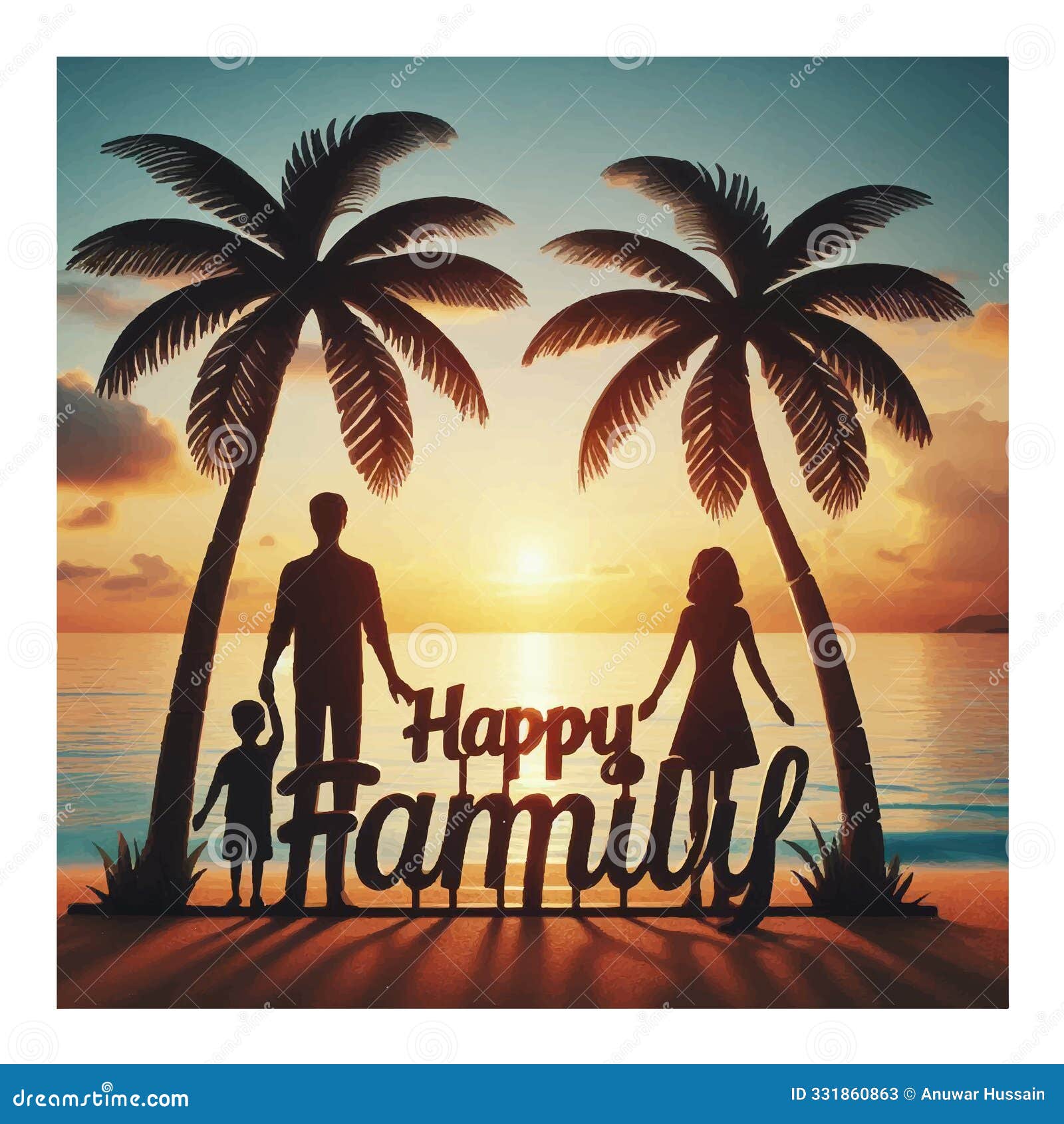 Happy Family Sign on the Beach Silhouette Stock Vector - Illustration ...