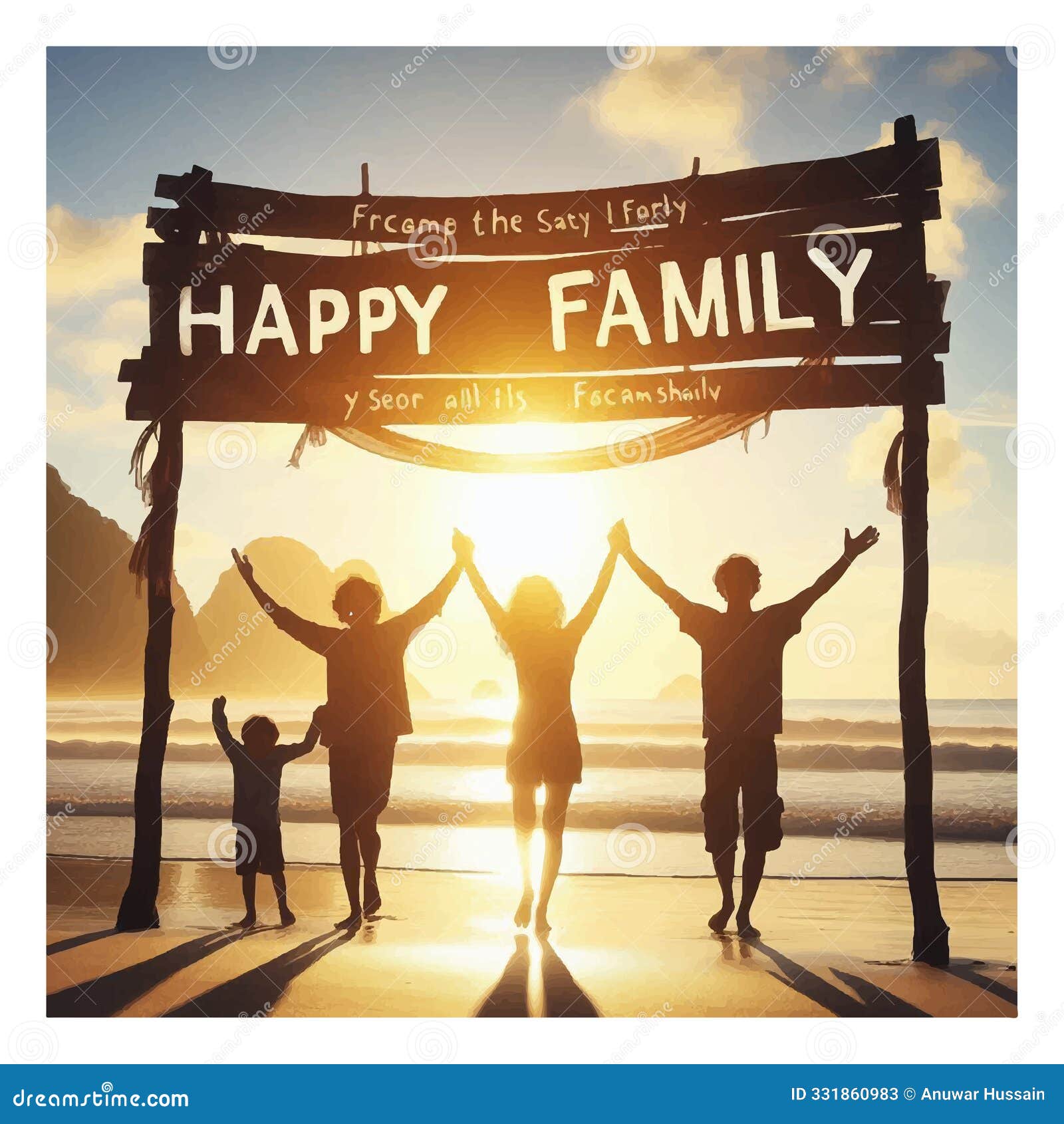 Happy Family Sign on the Beach Silhouette Stock Vector - Illustration ...