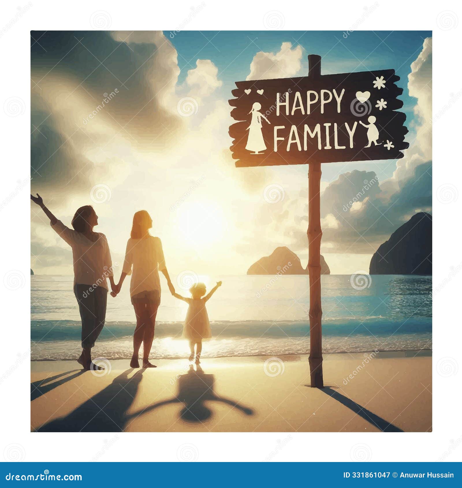 Happy Family Sign on the Beach Silhouette Stock Vector - Illustration ...