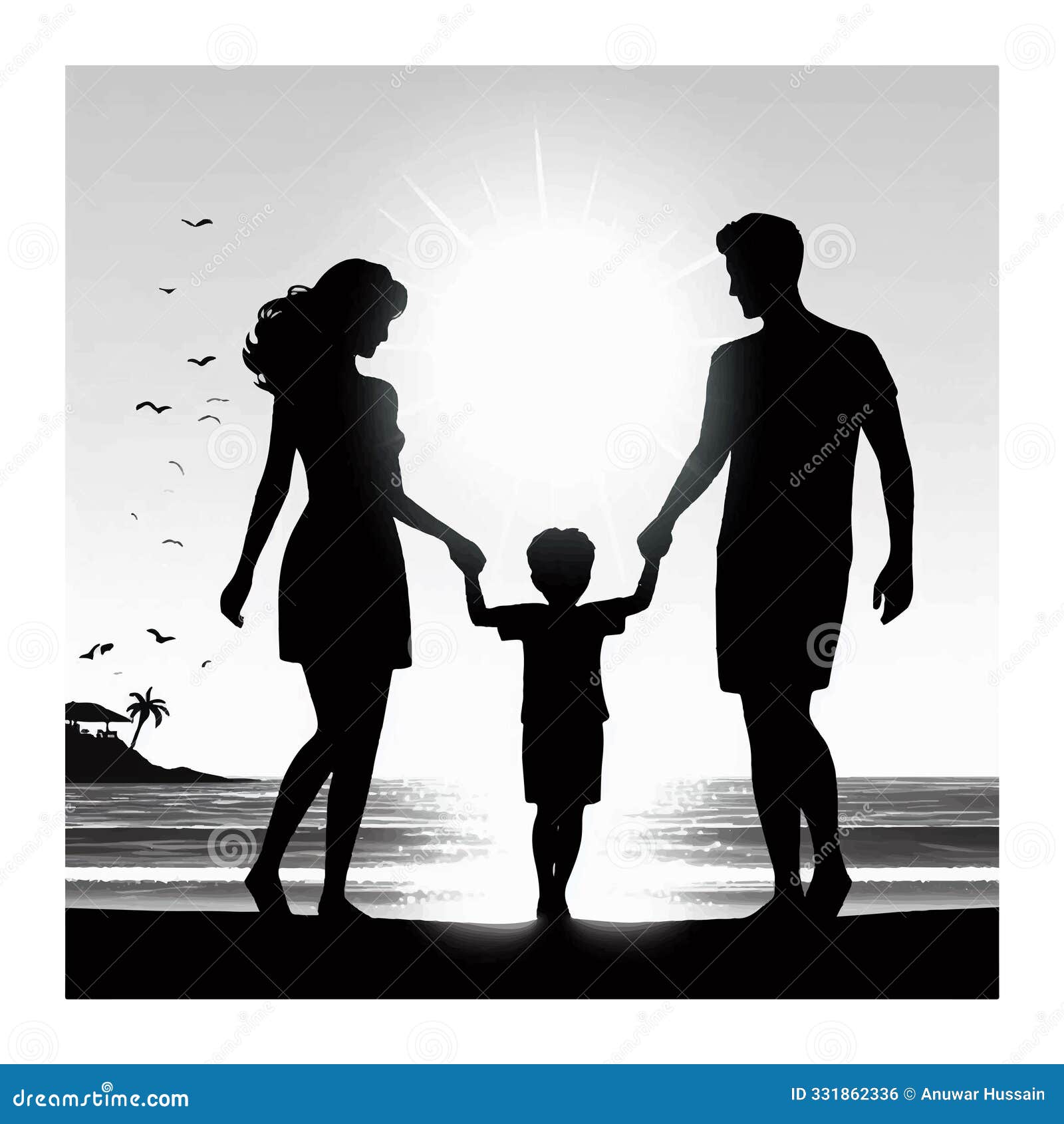 Happy Family Sign on the Beach Silhouette Stock Vector - Illustration ...