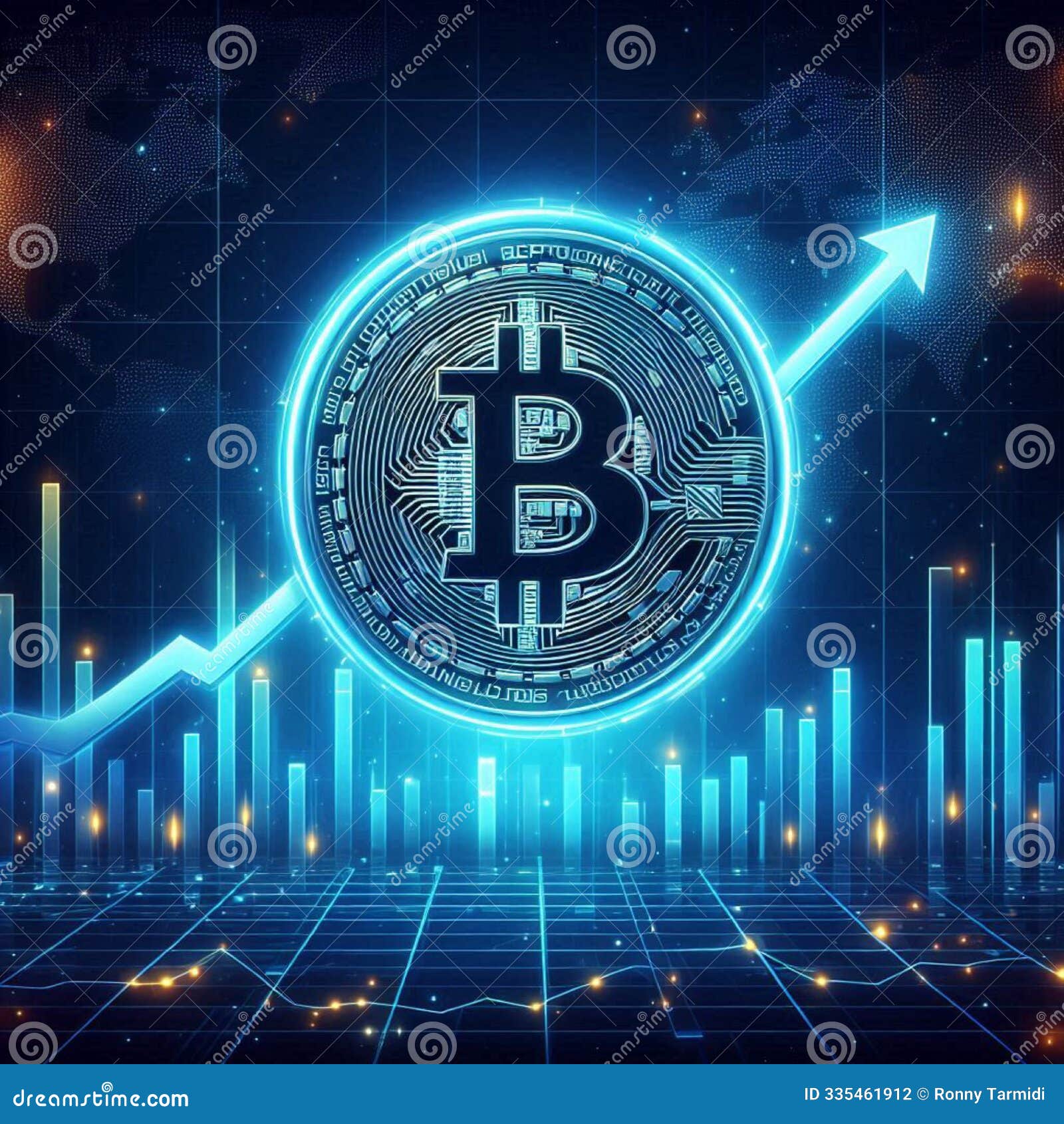 Bitcoin Money Design with a Blue Rising Graphic Background Stock ...