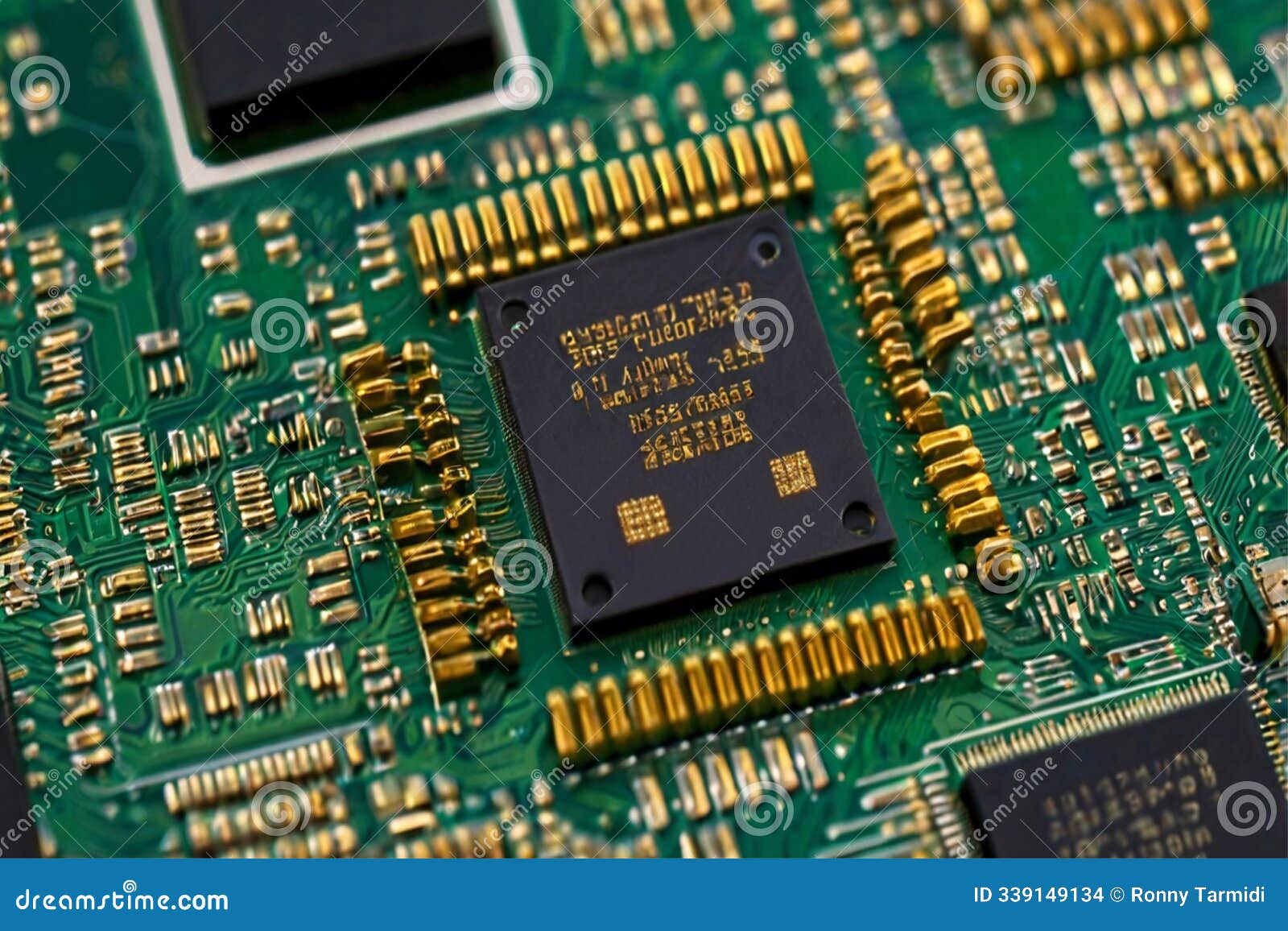 A Close Up of a Circuit Board with a Black Chip on it Stock ...