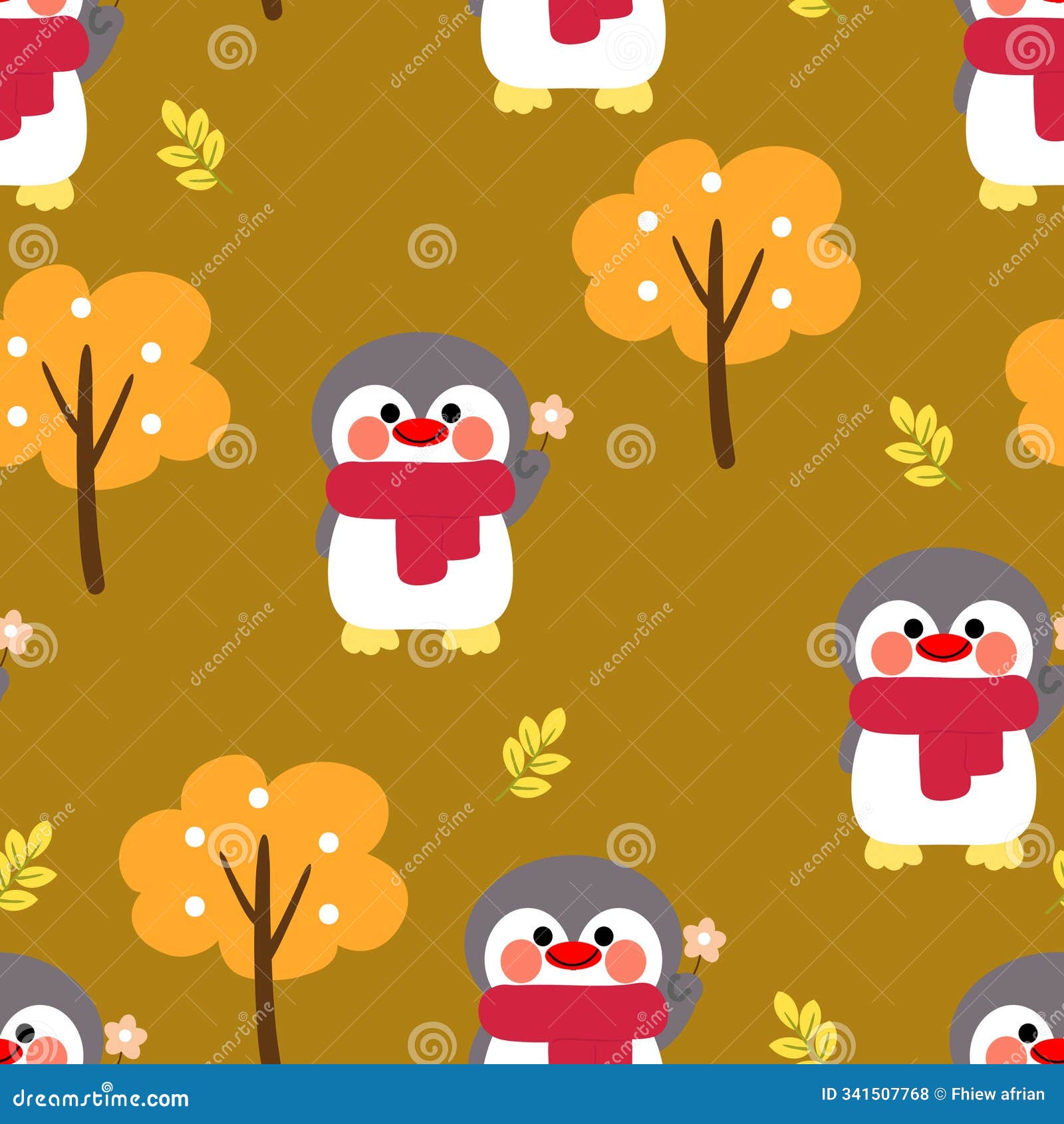 Seamless Pattern Cartoon Penguin with Autumn Vibes. Cute Autumn Fall ...