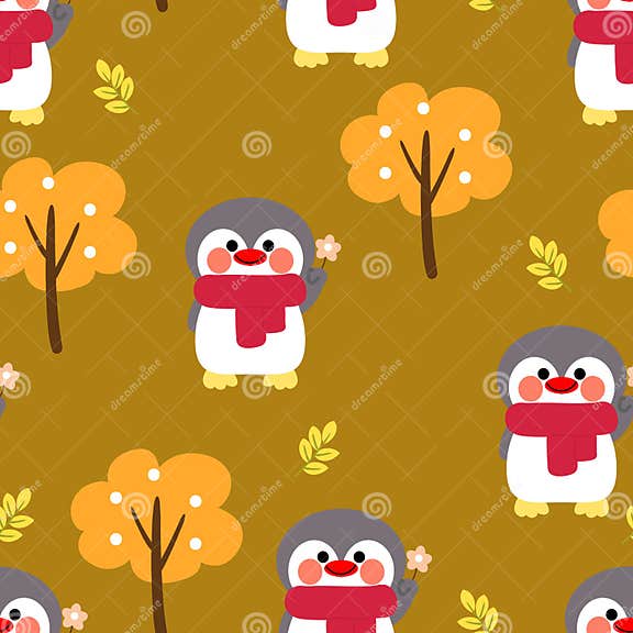 Seamless Pattern Cartoon Penguin with Autumn Vibes. Cute Autumn Fall ...