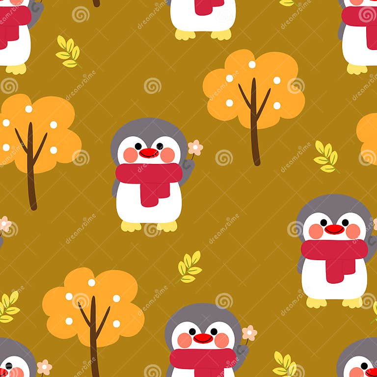 Seamless Pattern Cartoon Penguin with Autumn Vibes. Cute Autumn Fall ...