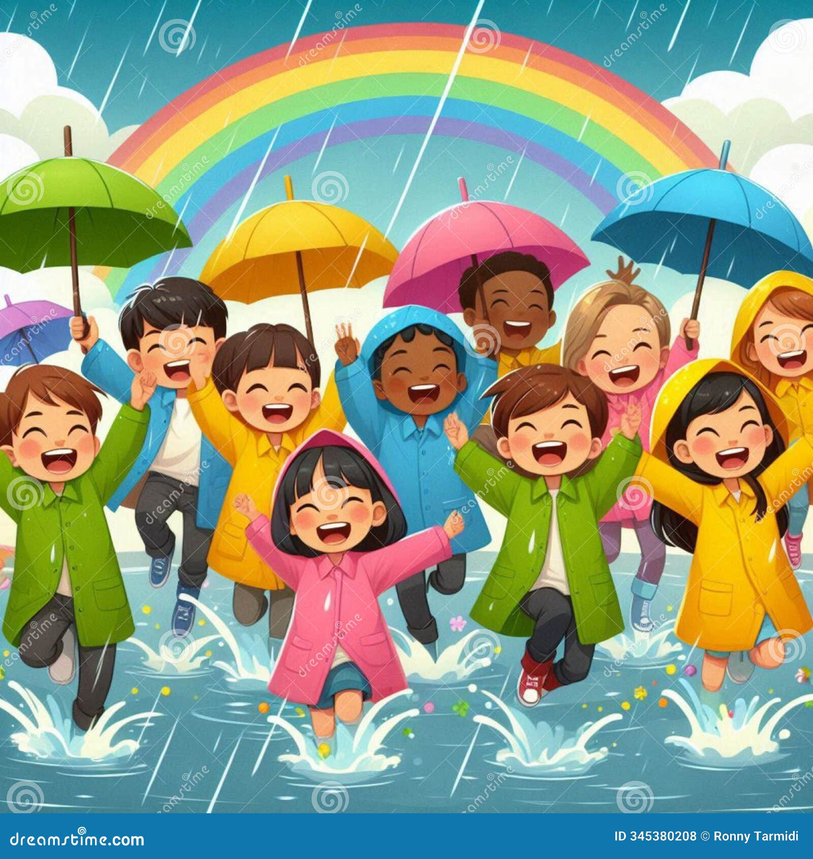 Portrait of a Group of Children Playing Together when it Rains Stock ...