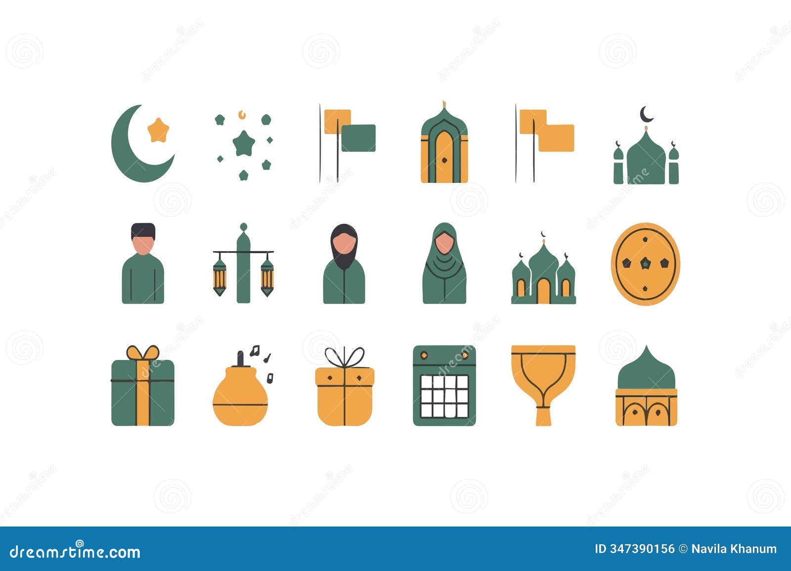 A Set of Flat Design Icons, Depicting Various Islamic Symbols Stock ...