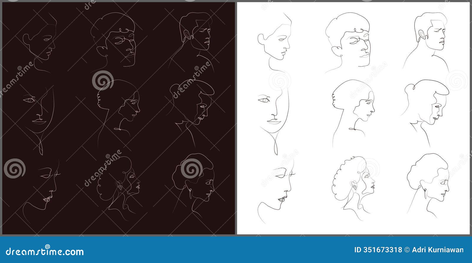 Continuous Line Human Face Men and Women Vector Set Stock Vector ...