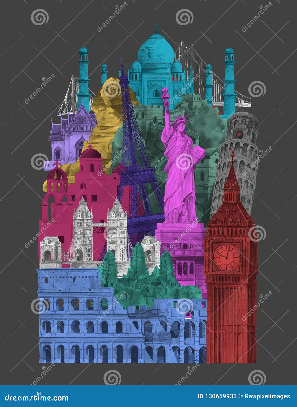 Collection of Architectural Landmarks Painted by Watercolor Stock ...