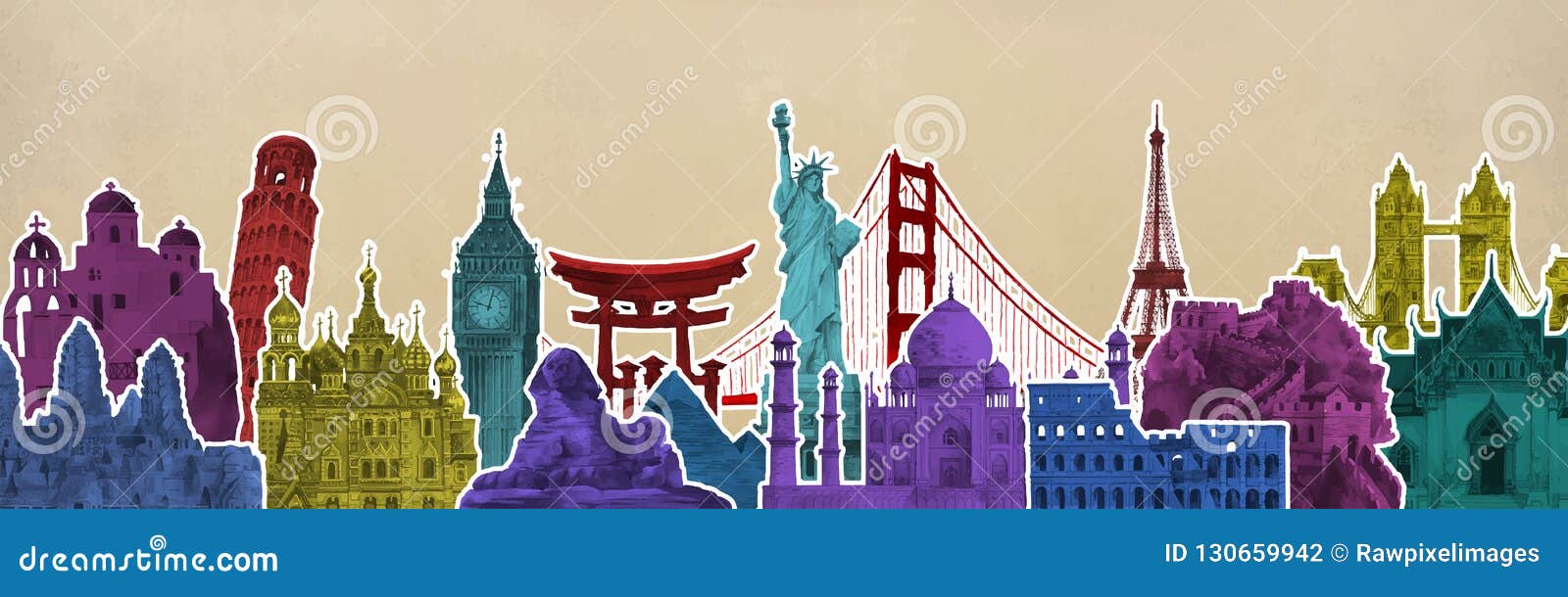 Collection of Architectural Landmarks Painted by Watercolor Stock ...