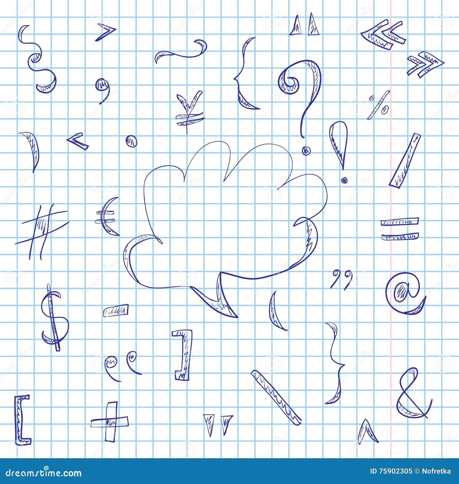 Hand Drawn Scribble Symbols and Speech Bubble on a Sheet of Copybook in ...