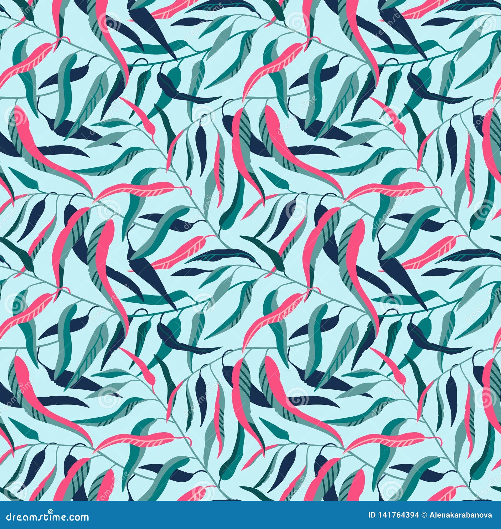 Seamless Pattern with Cute Eucalyptus Tree Branches with Green and Pink ...