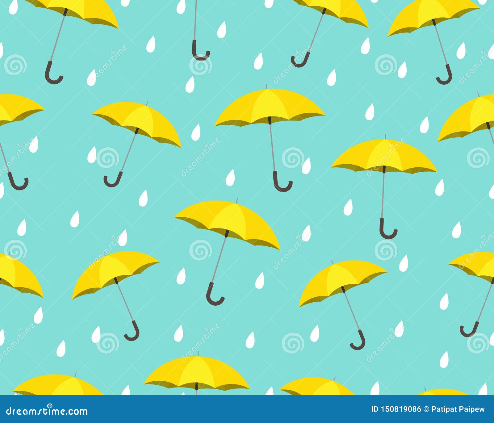 Seamless Pattern of Yellow Umbrella with Drops Raining on Blue ...