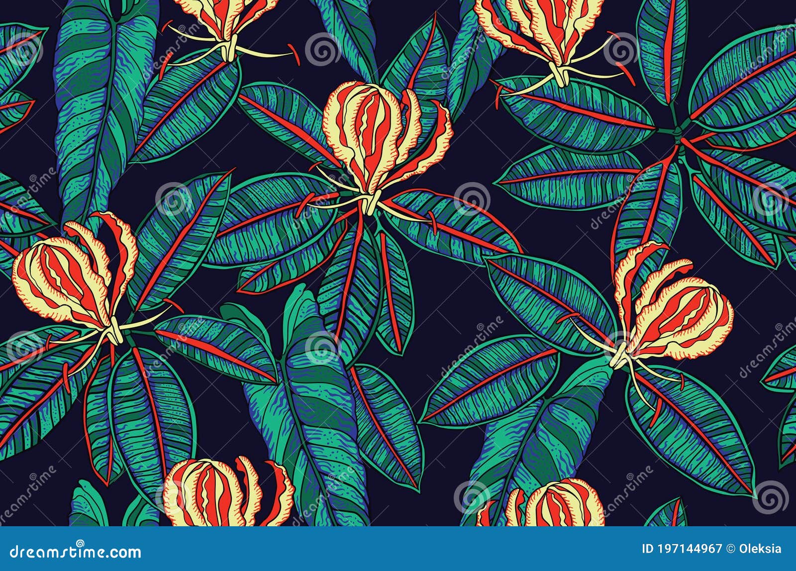 Tropical Leaves and Flowers Seamless Pattern Stock Illustration ...