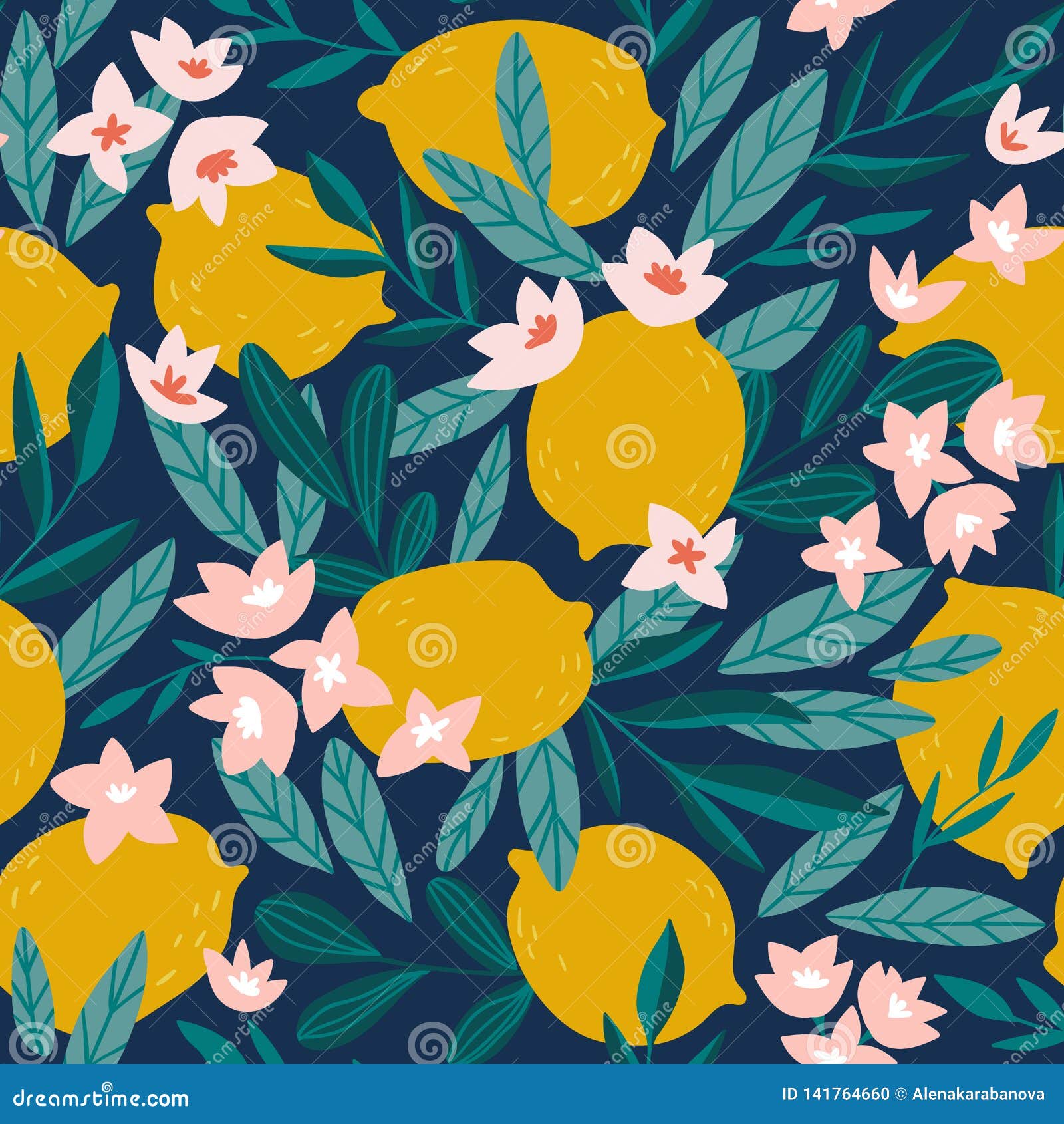 Tropical Summer Fruit Seamless Pattern. Citrus Tree in Hand Drawn Style ...