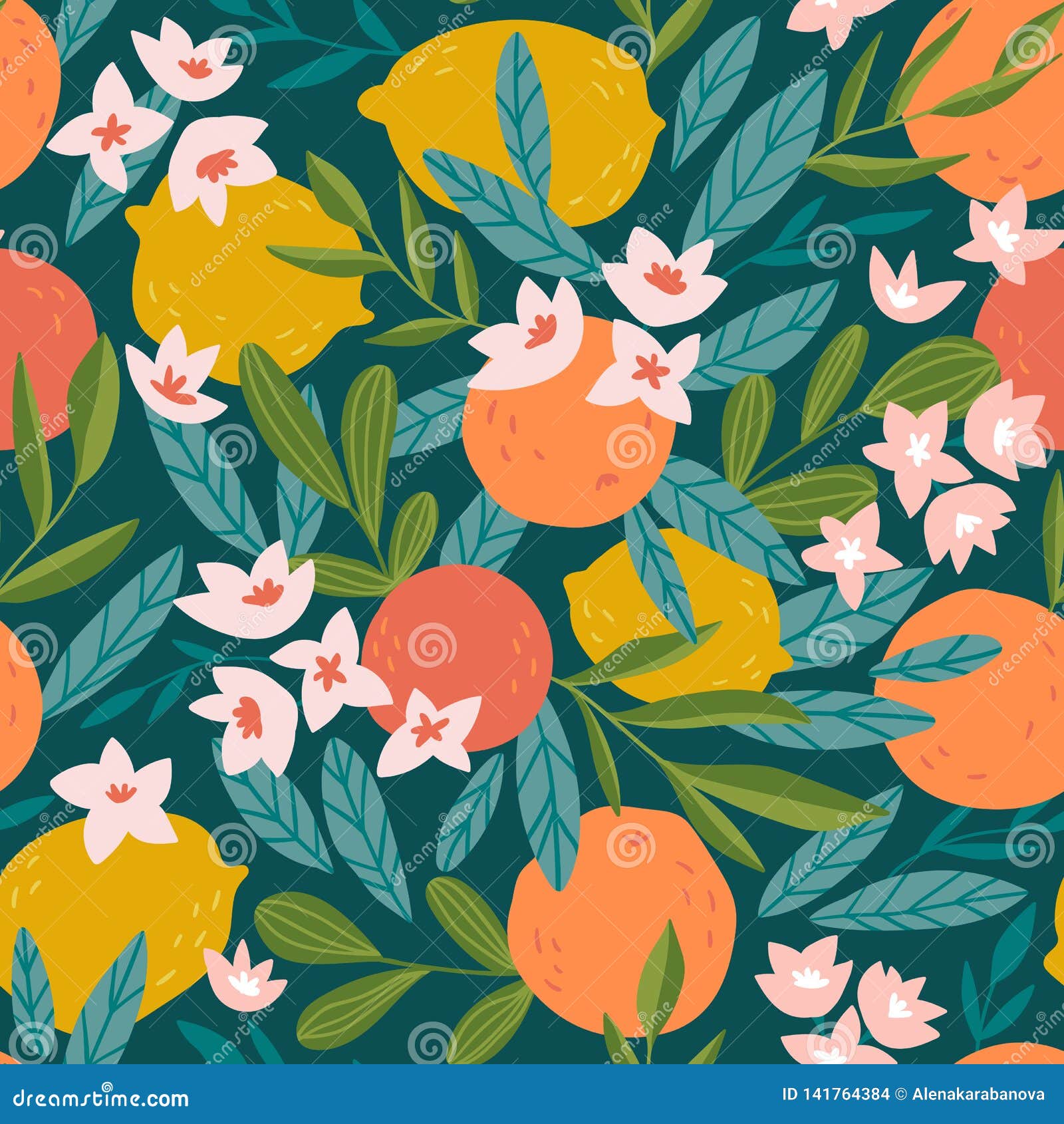 Tropical Fruit Seamless Pattern. Citrus Tree in Hand Drawn Style ...