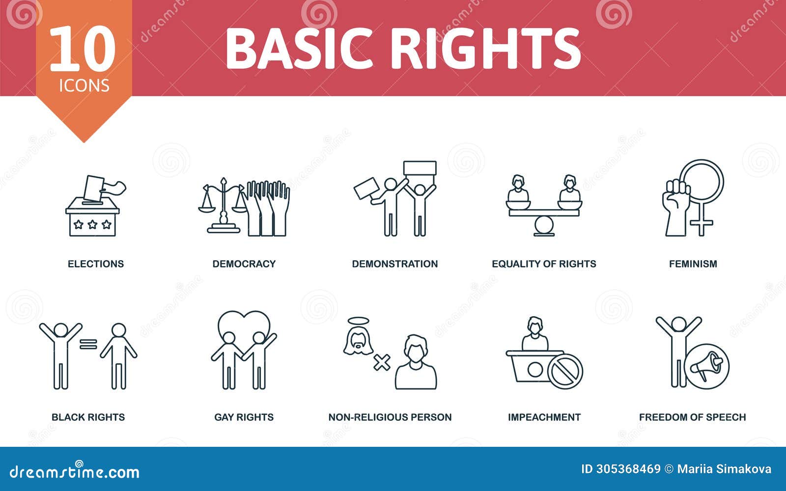 Basic Rights Line Icons Collection. Equality, Freedom, Justice, Liberty ...