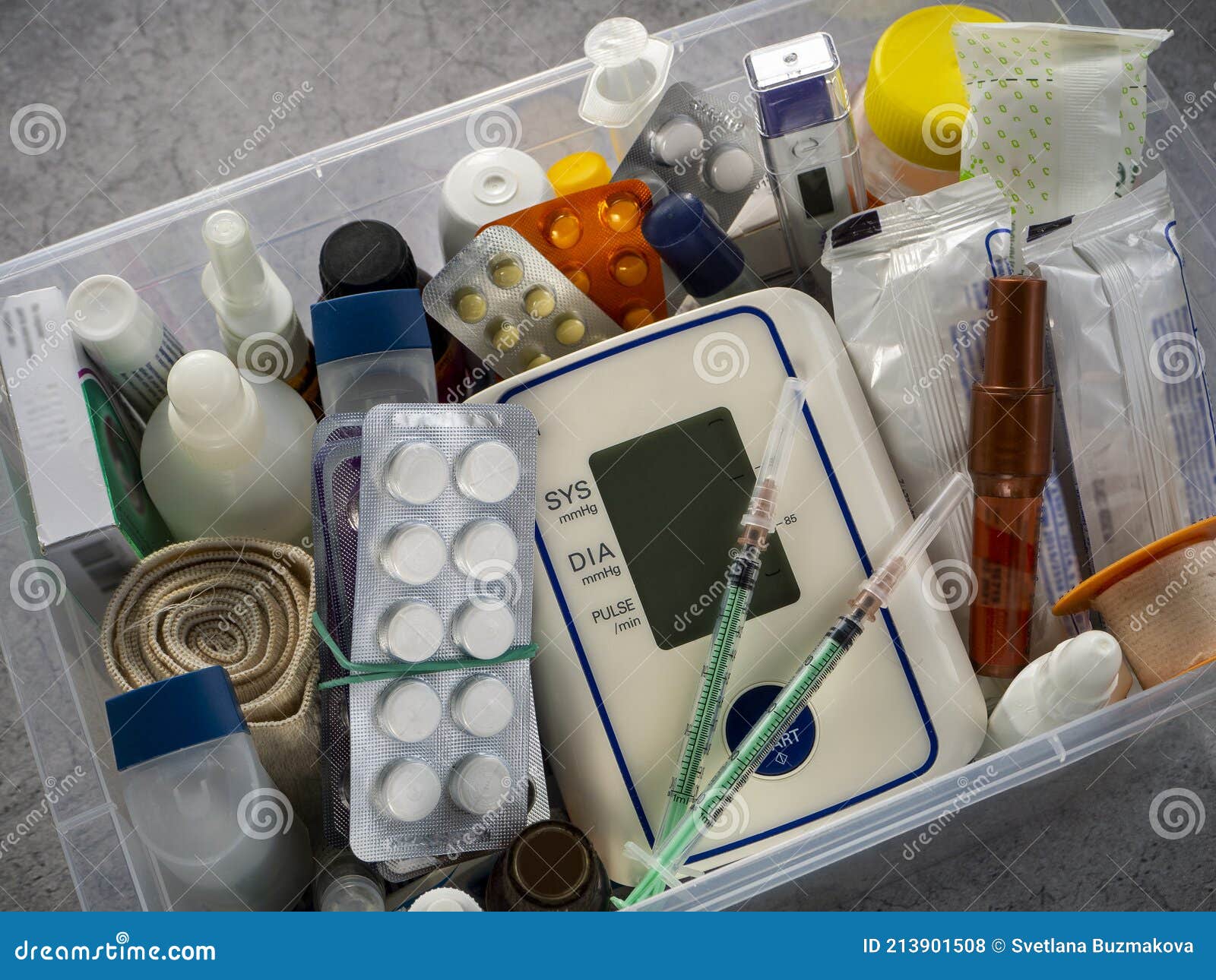 The Basic Set of Medicines for First Aid. First Aid Kit with Medicines ...