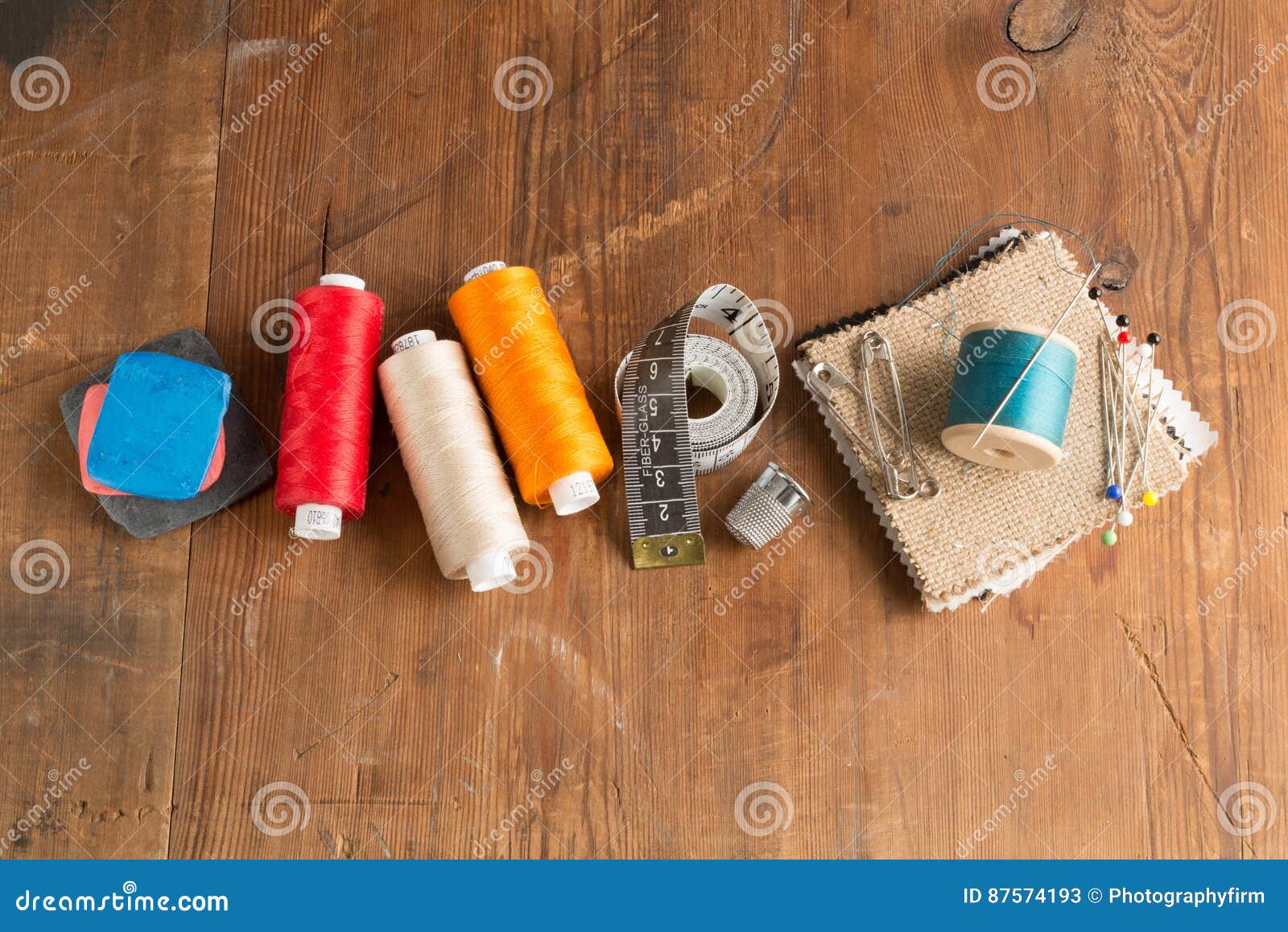 Basic Sewing Kit, Spools of Thread, and Fabric Swatches Stock Image ...