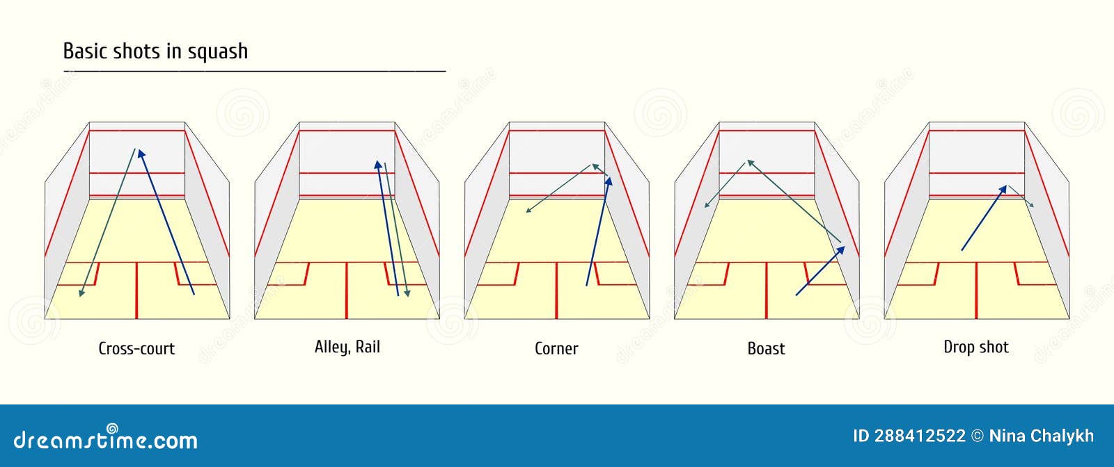 Basic Shots in Squash. Scheme of Squash Court with Arrows Indicating ...