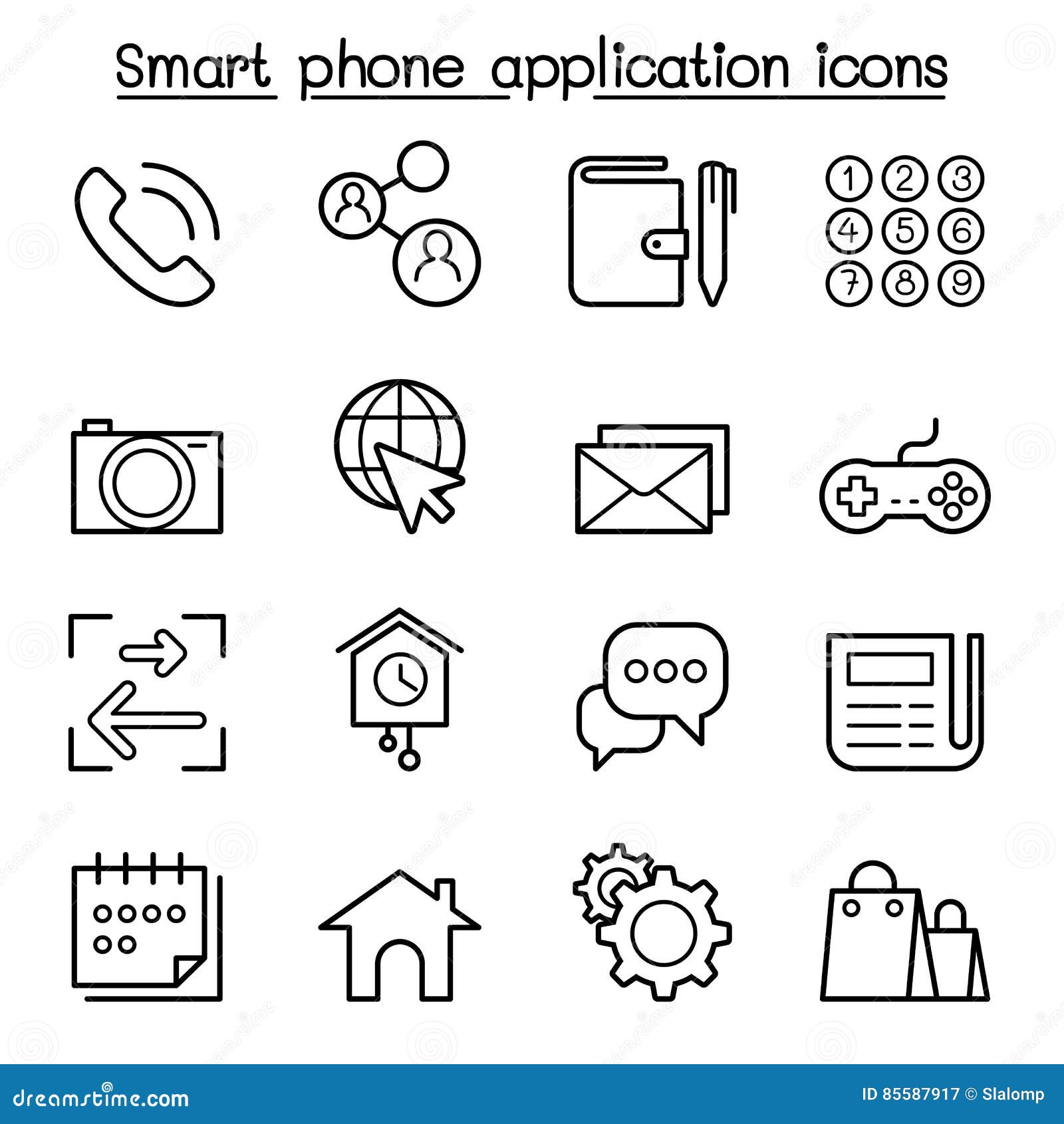 Basic Smart Phone Application Icon Set in Thin Line Style Stock Vector ...