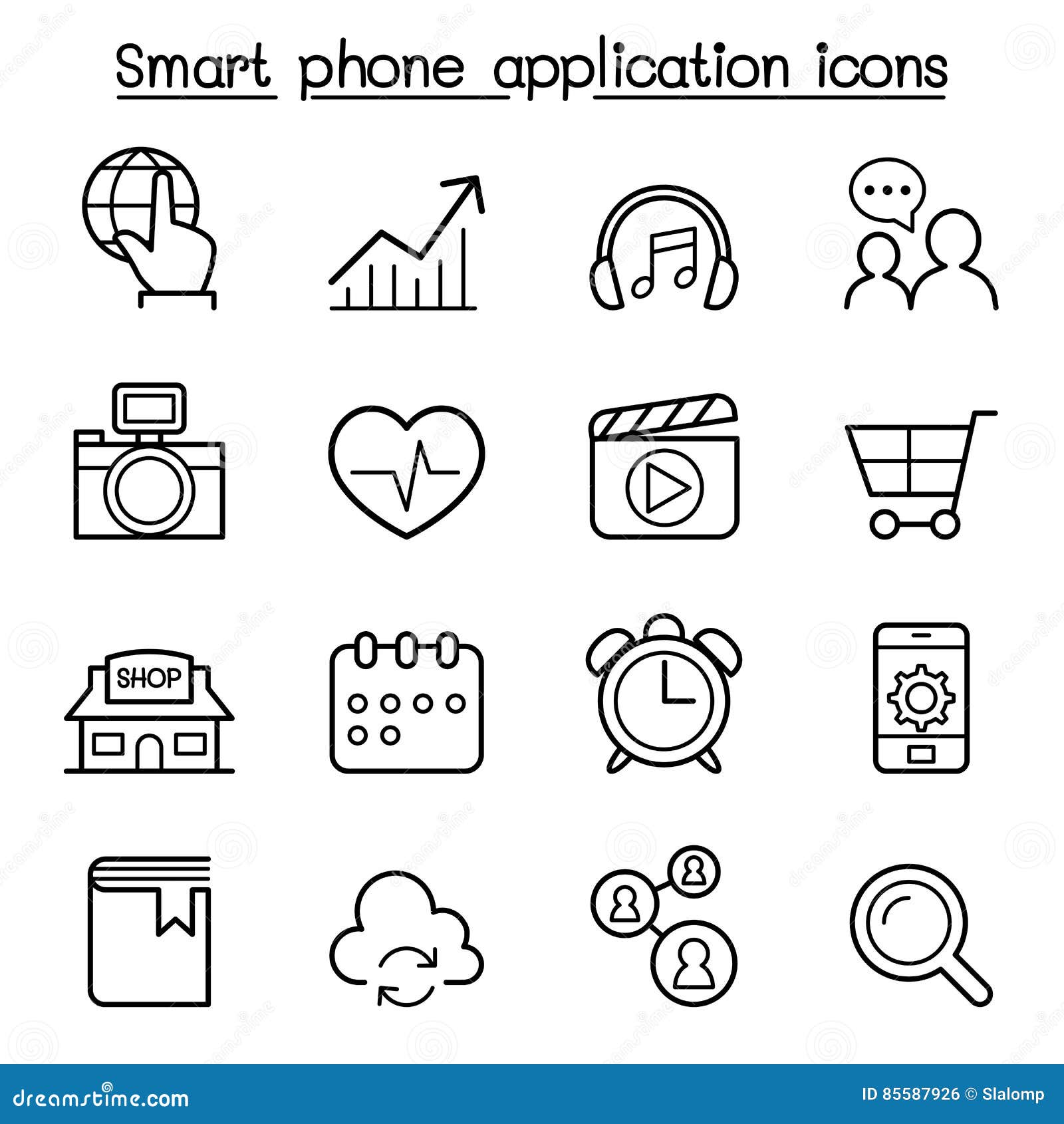 Basic Smart Phone Application Icon Set in Thin Line Style Stock Vector ...