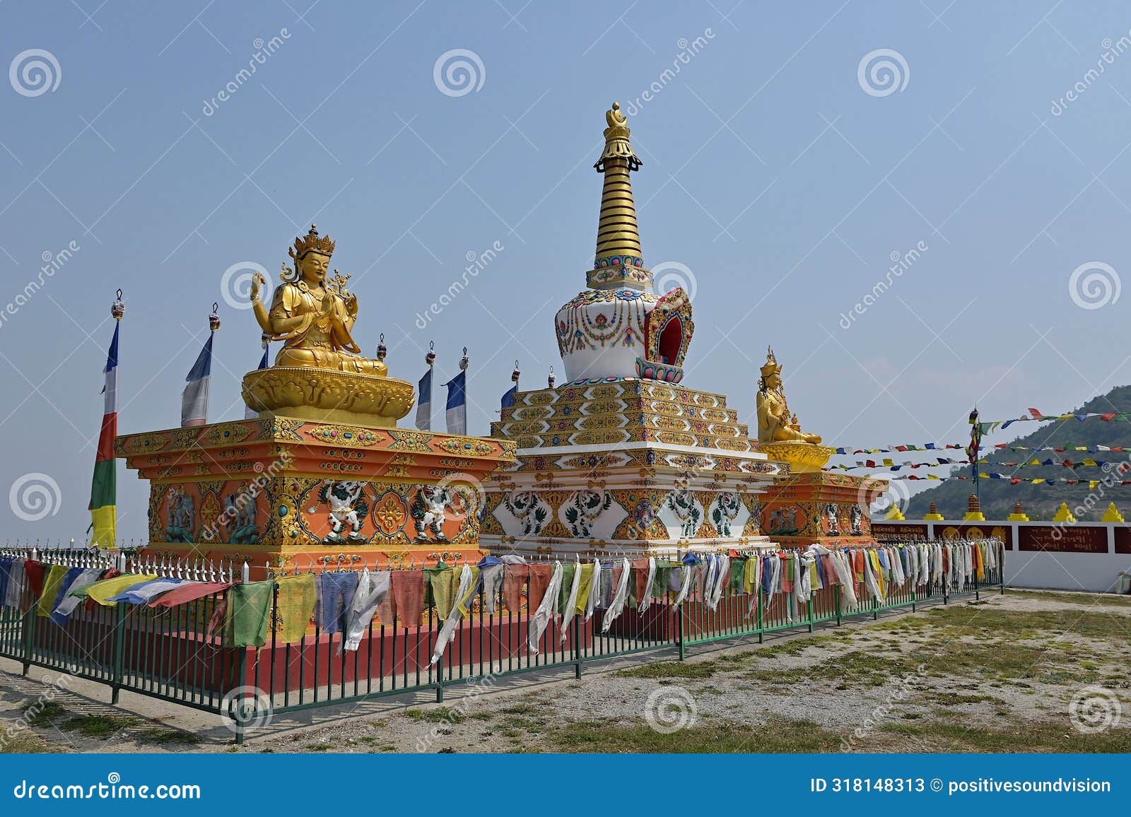 Statues of Avalokiteshvara (Chenrezig) & Padmasambhava with Tibetan ...