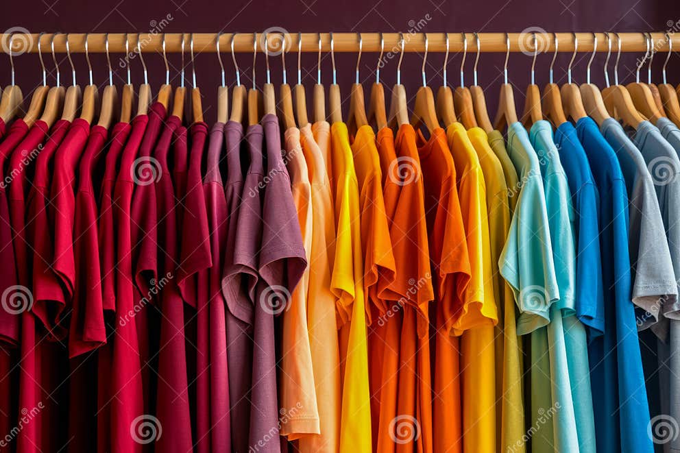 Basic T-shirts of Different Colors on a Hanger in the Store Close-up ...