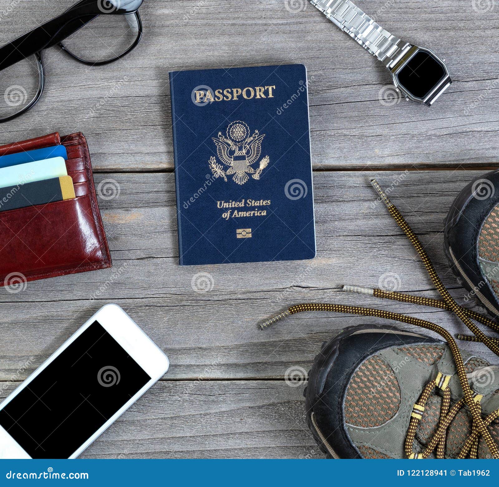 Overhead View of Basic Travel Objects on Aged Wood Stock Image - Image ...