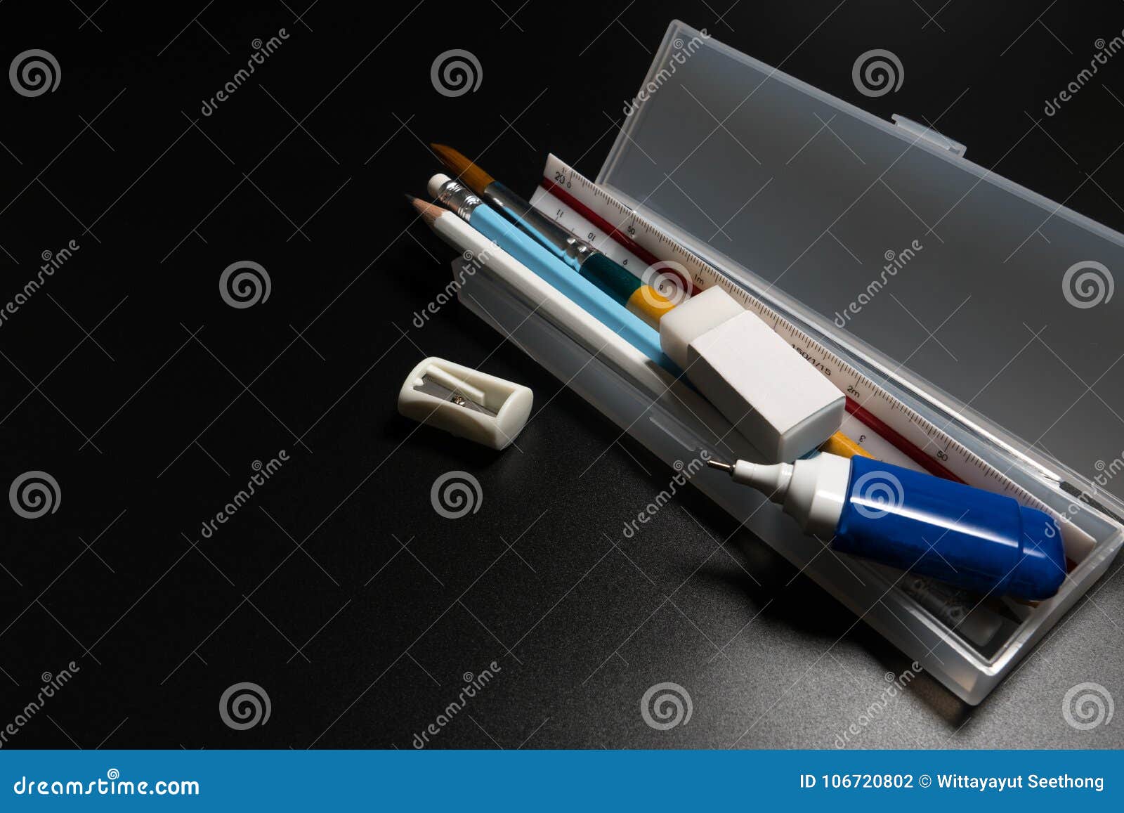 Basic White Plastic Pencil Box with Pencil, Pen, Eraser, Sharpener and ...