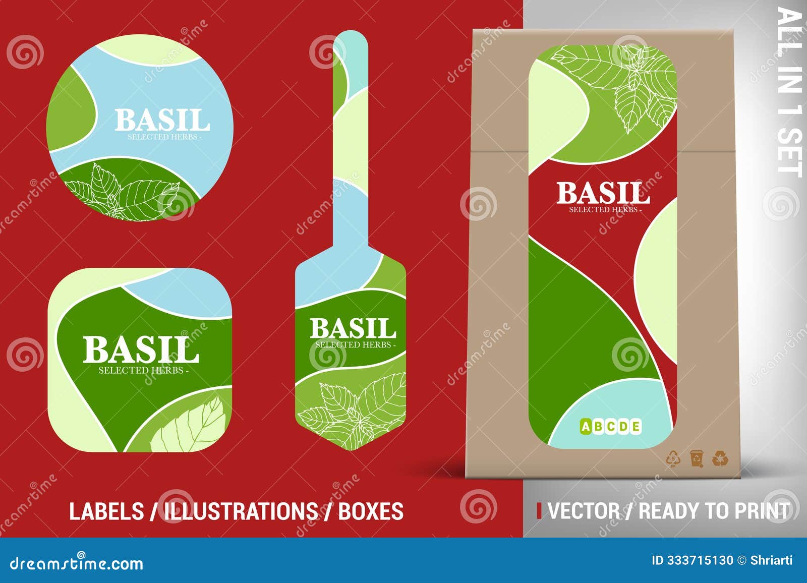 Basil Packaging Design Set - Vector Illustration with Labels and Boxes ...